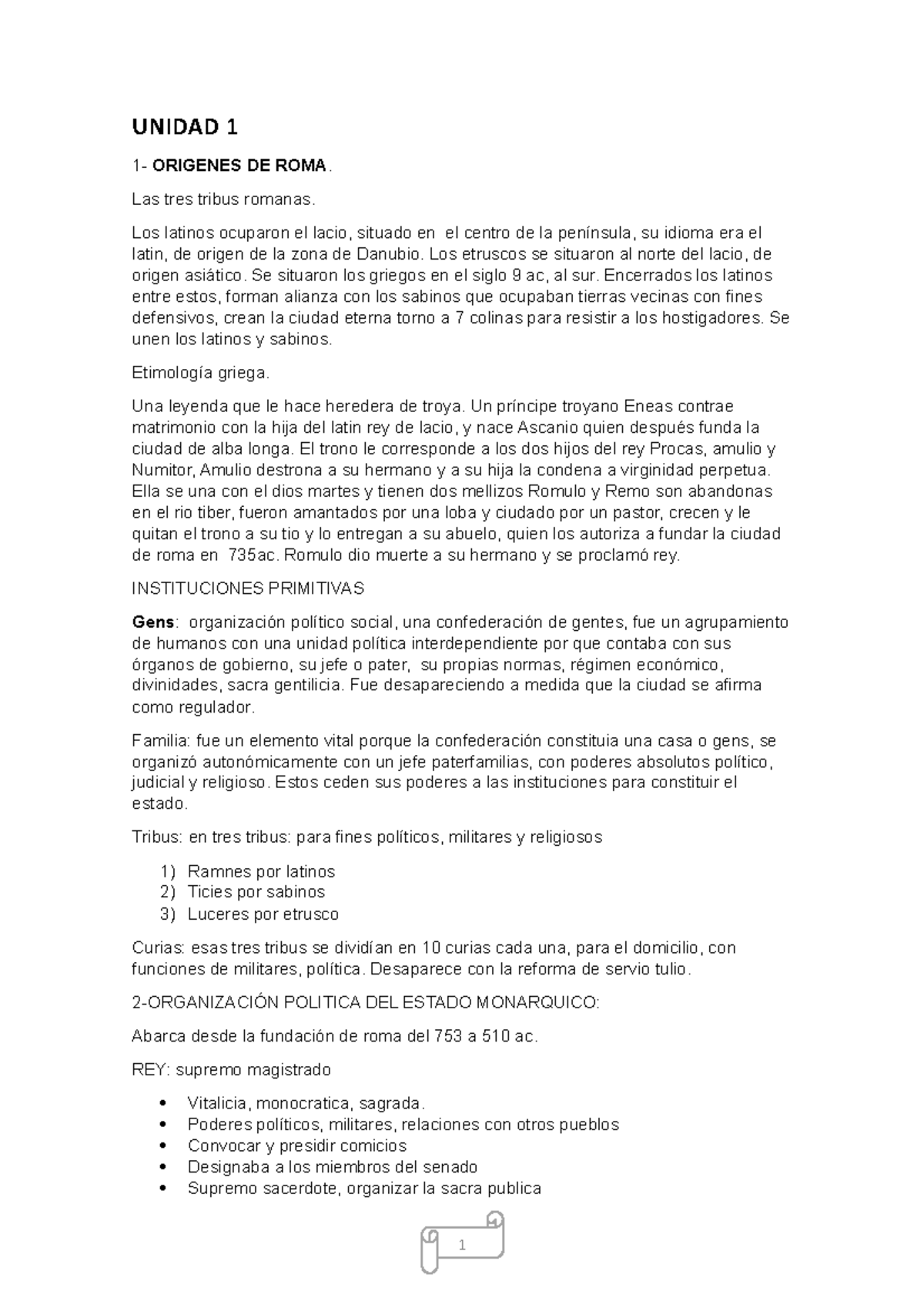 Derecho Romano 1 - unidad 1 - UNIDAD 1 1- ORIGENES DE ROMA. Las tres ...