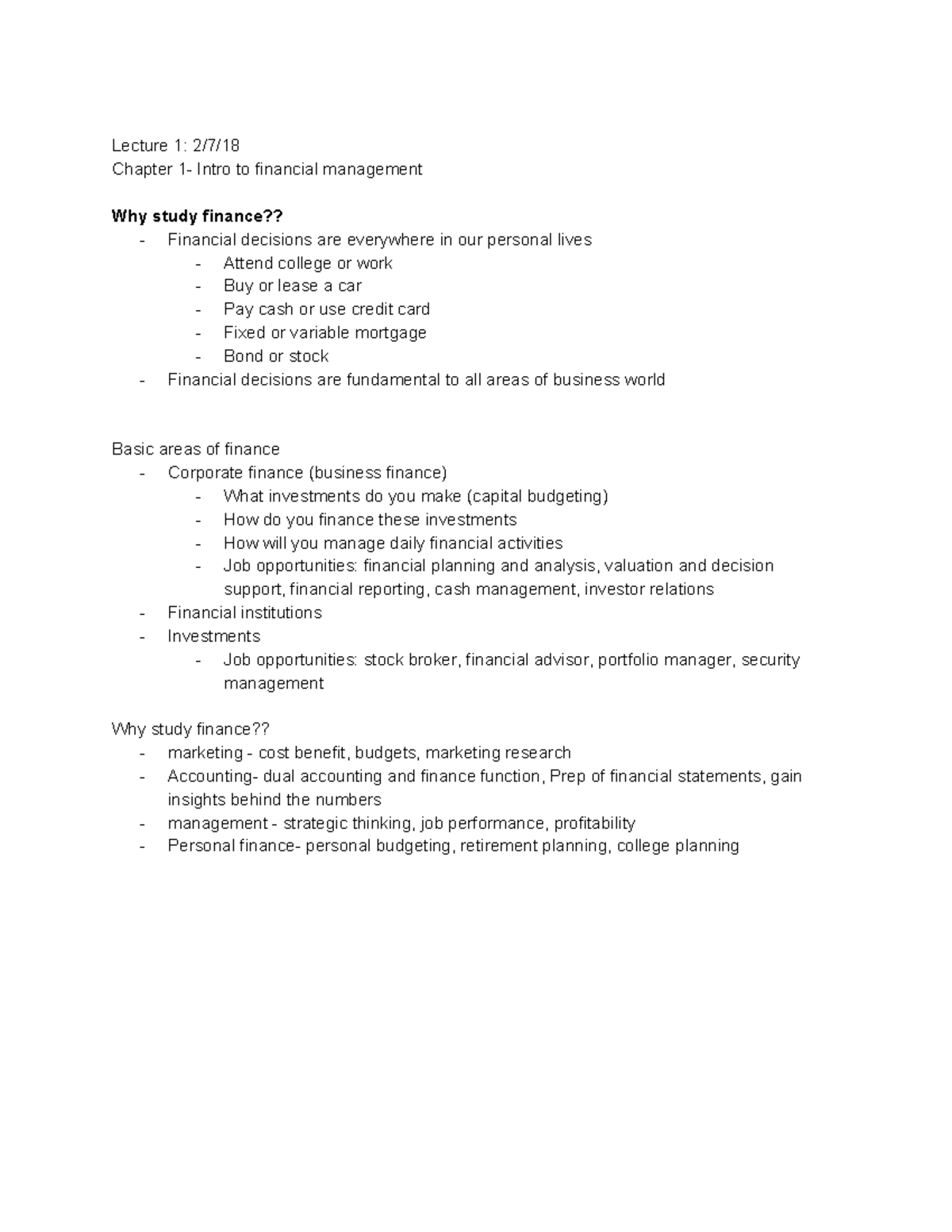 Finance 311 - Lecture notes 1-6 - Lecture 1: Chapter Intro to financial ...