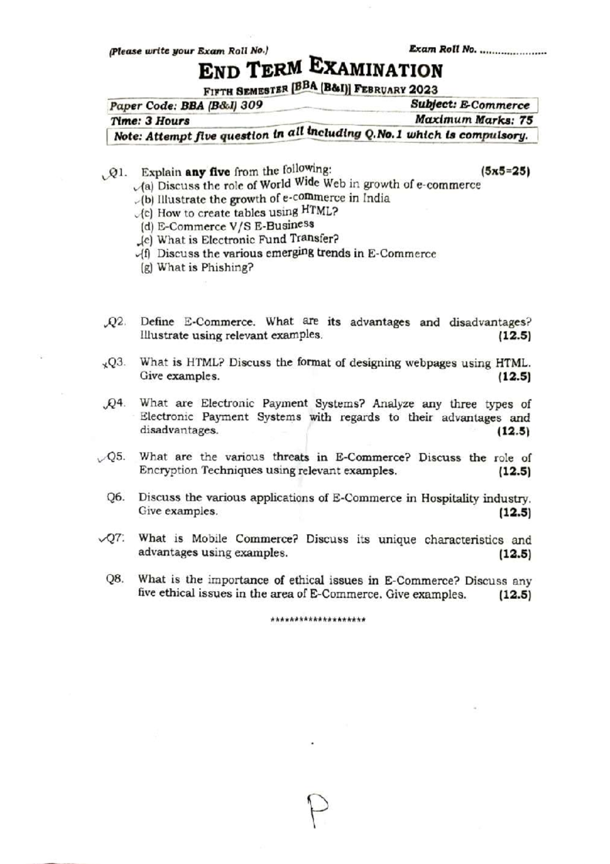 E.com 2023 - paper - (Please write your Exam Roll No.) Exam Roll No. END TERM EXAMINATION FIFTH ...