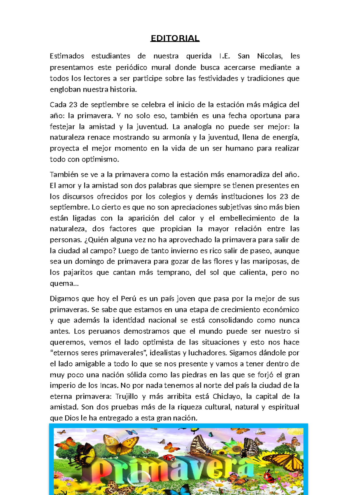 Periodico mural de la primavera - EDITORIAL Estimados estudiantes de ...