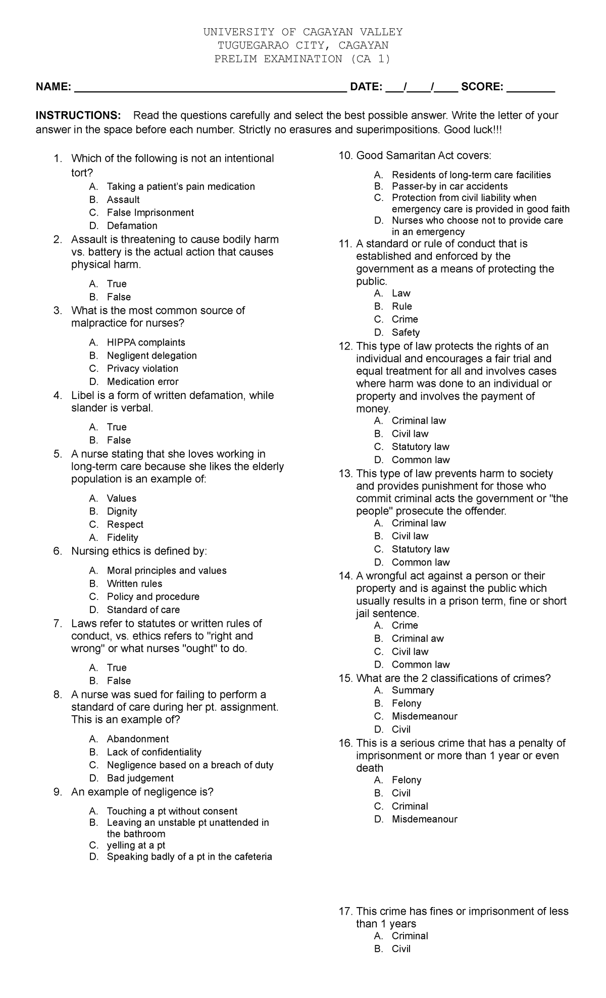 Prelim CA 1 4th yr - PRACTICAL EXAM - TUGUEGARAO CITY, CAGAYAN PRELIM ...