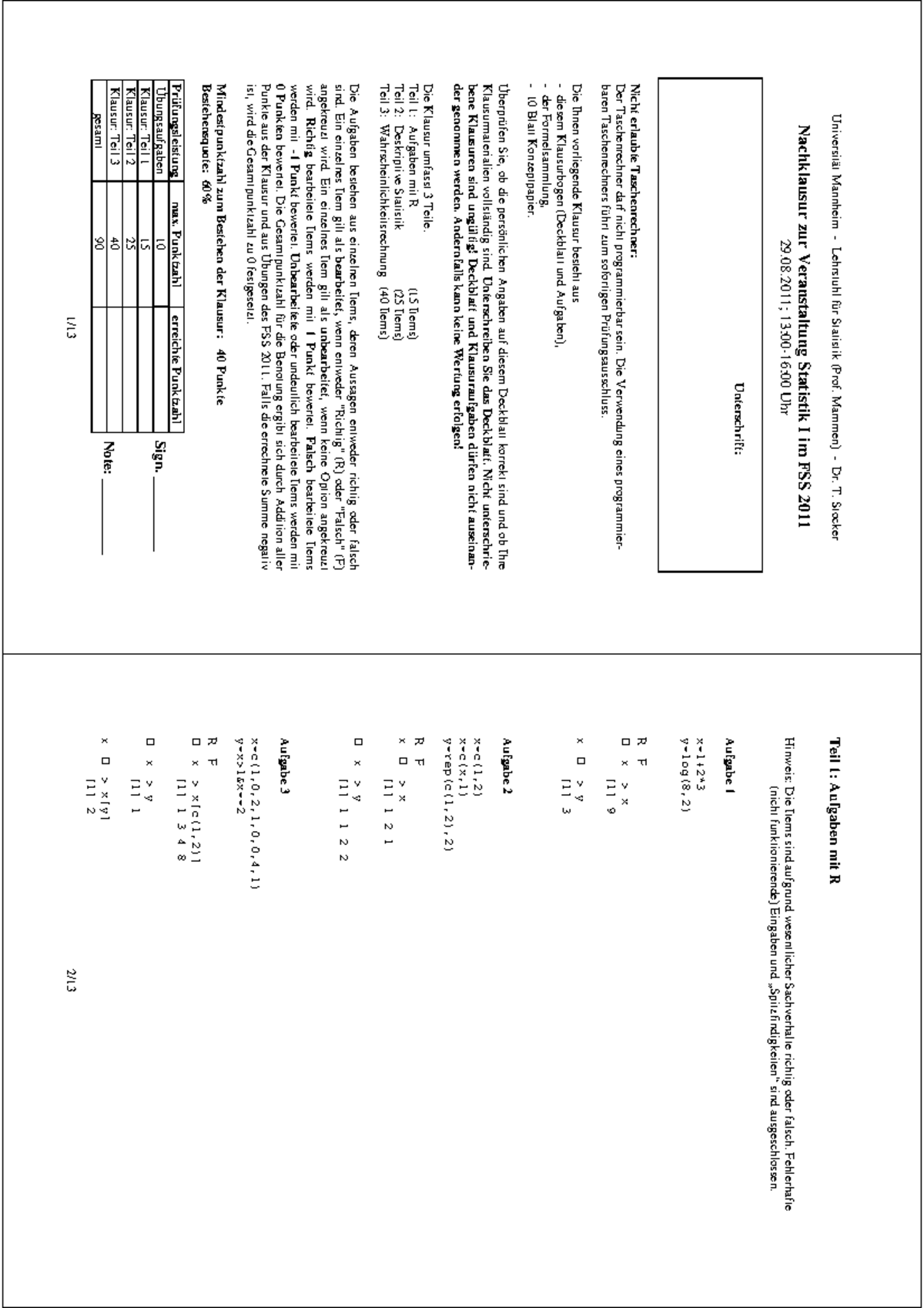 Klausur Sommersemester 2014, Antworten - Universität Mannheim - Lehrstuhl für Statistik (Prof ...