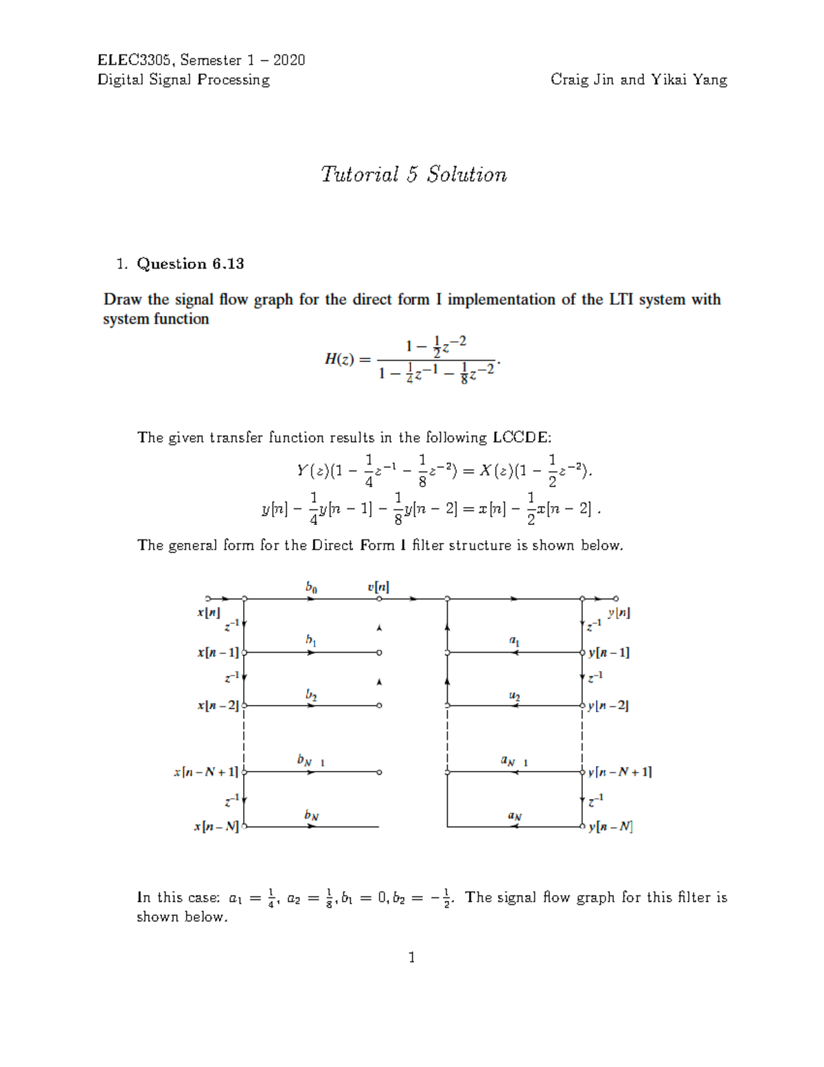 Tut5soln - tut work - ELEC3305, Semester 1 – 2020 Digital Signal Processing Craig Jin and Yikai ...