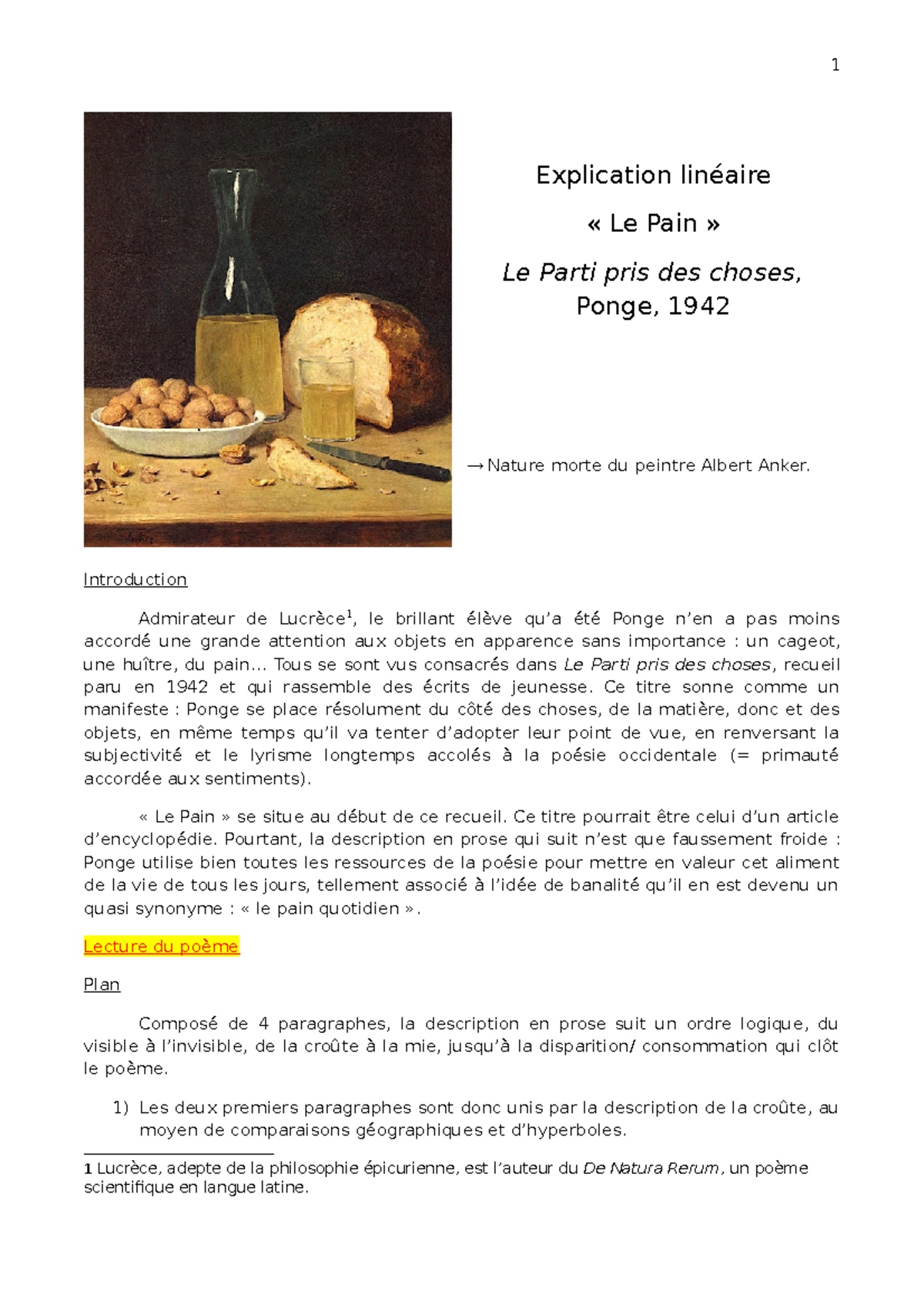 Explication linéaire n°2 le pain de Ponge - Explication linéaire « Le ...