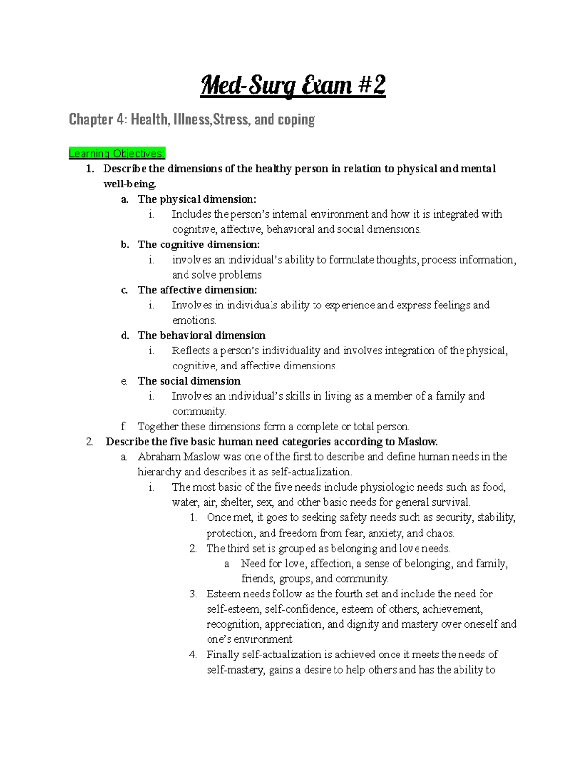 MED SURG Study guide #2 - Me-Sur a Chapter 4: Health, Illness,Stress ...