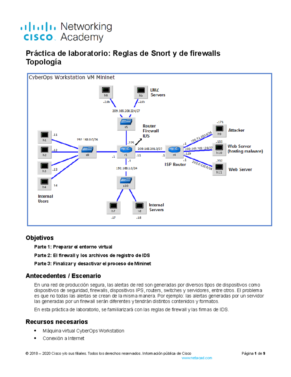 26.1.7 Lab - Snort and Firewall Rules - Topología Objetivos Parte 1 ...