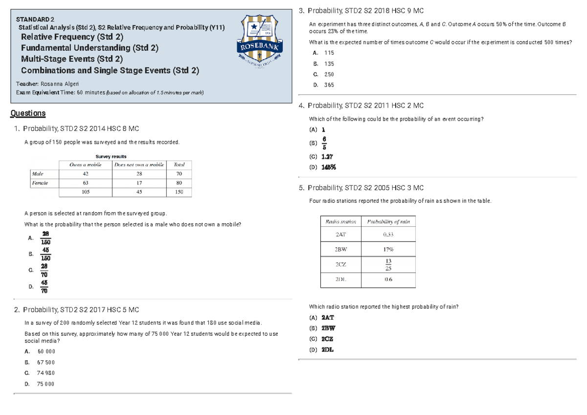 HSC questions - ...... - 1. Probability, STD2 S2 2014 HSC 8 MC 2 ...