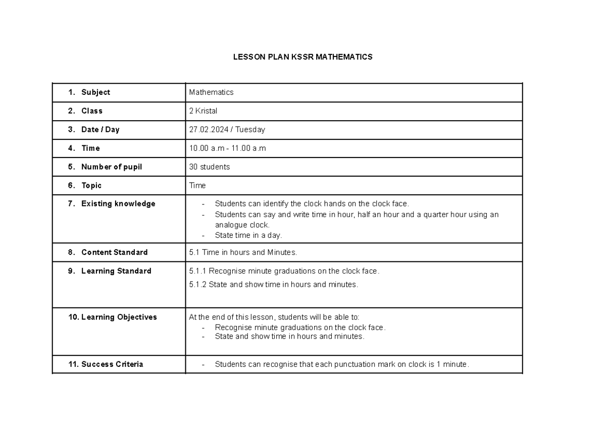 RPH time year 2 - LESSON PLAN KSSR MATHEMATICS Subject Mathematics ...
