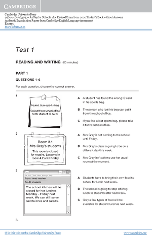 A2 Key for Schools 2020 sample Reading and Writing - Inglés Beginner ...