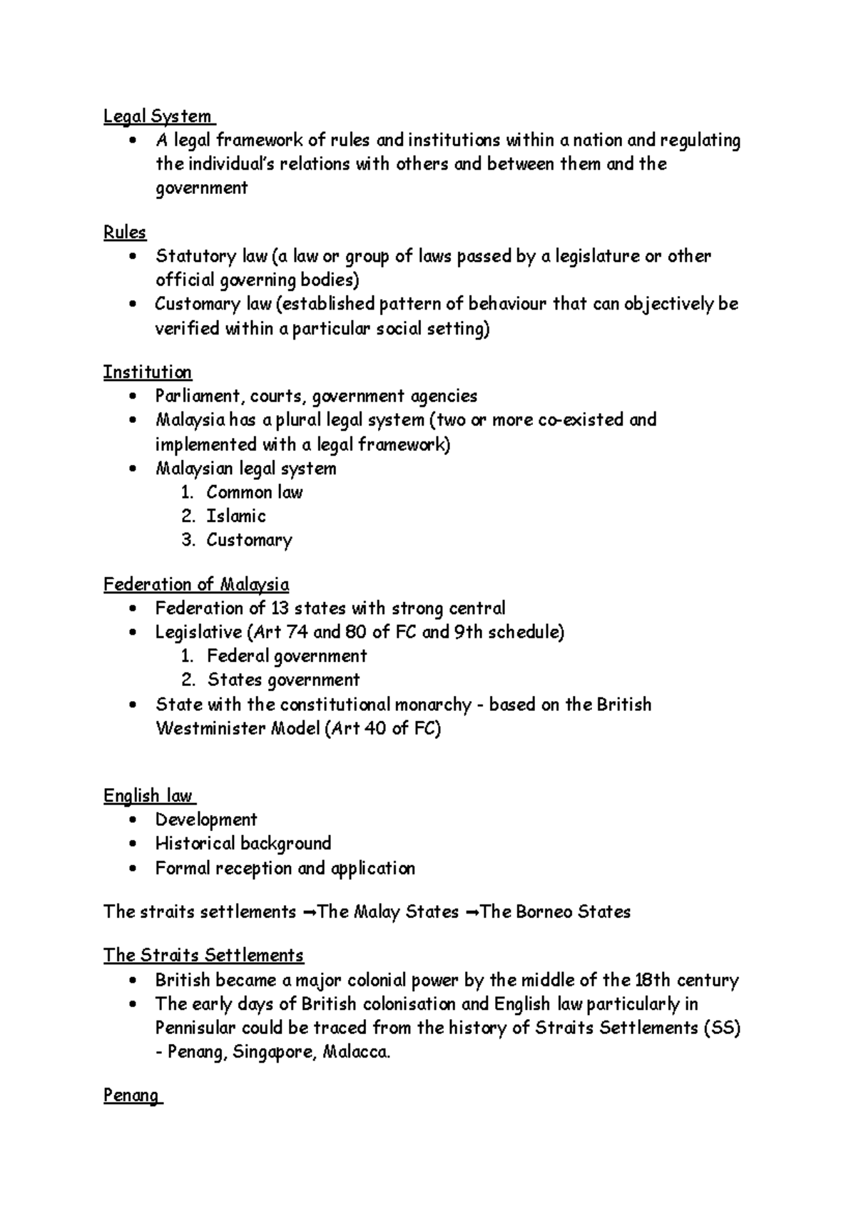 English law lecture notes - Legal System A legal framework of rules and ...