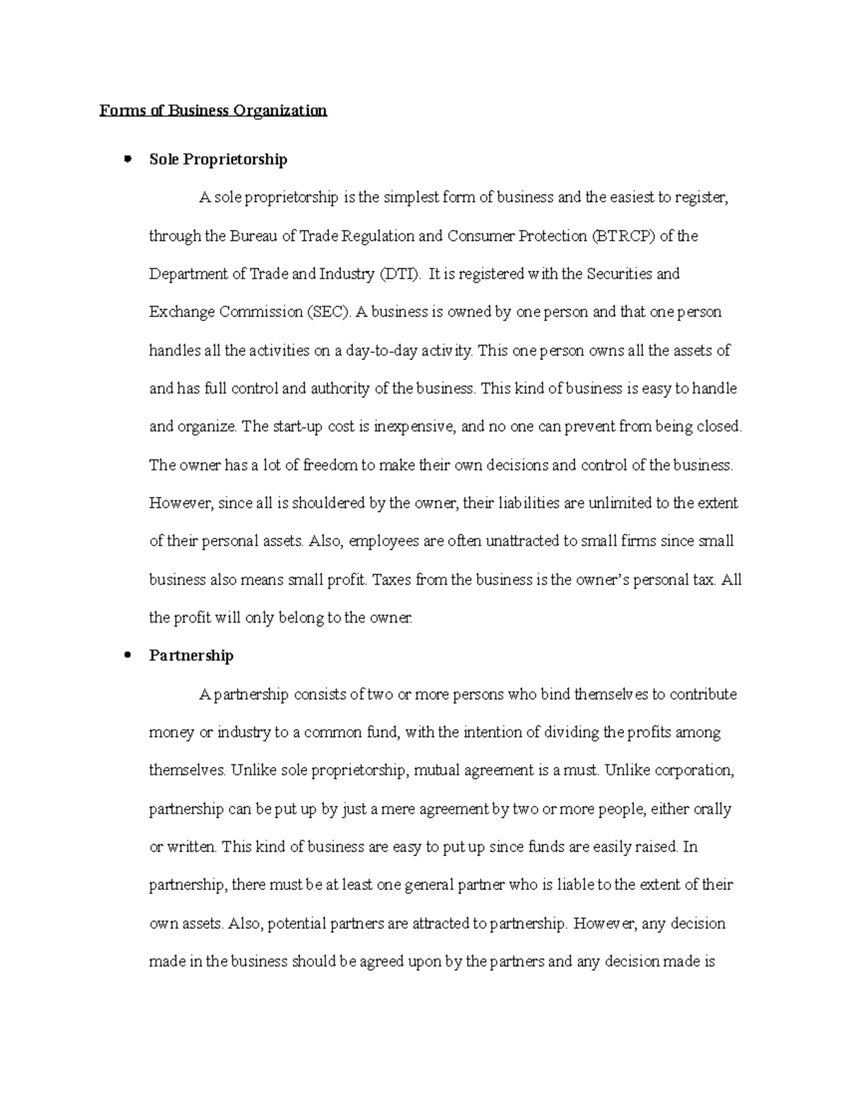 Assignment Microecon - Forms of Business Organization Sole ...