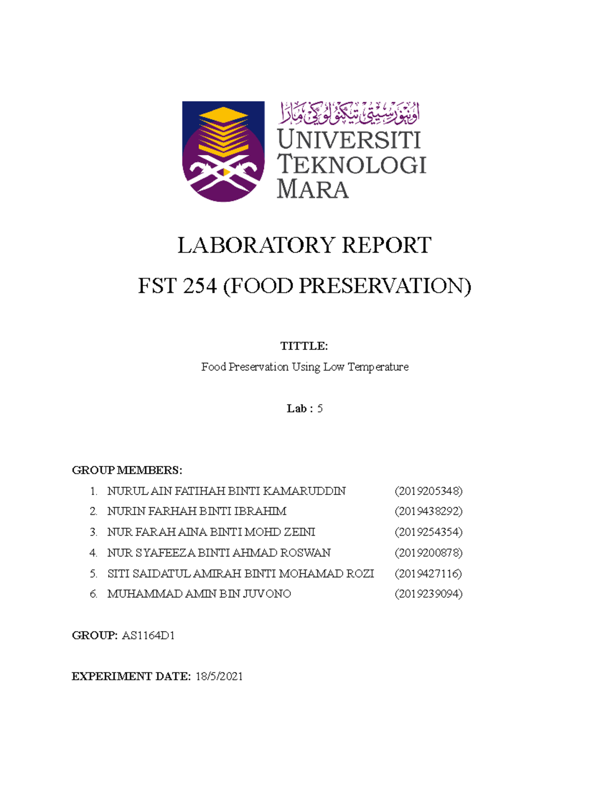 LABORATORY REPORT EXPERIMENT 5 - LABORATORY REPORT FST 254 (FOOD ...