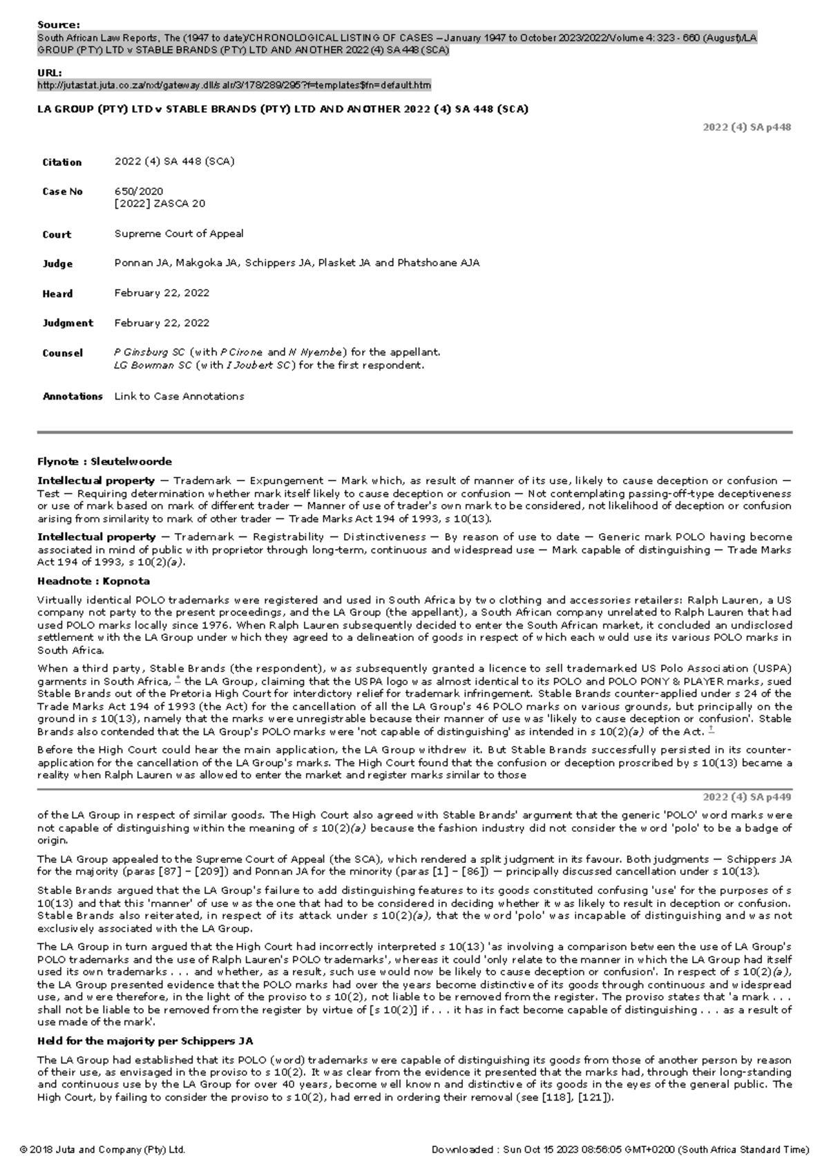 LA Group (PTY) LTD v Stable Brands (PTY) LTD AND Another 2022 (4) SA ...