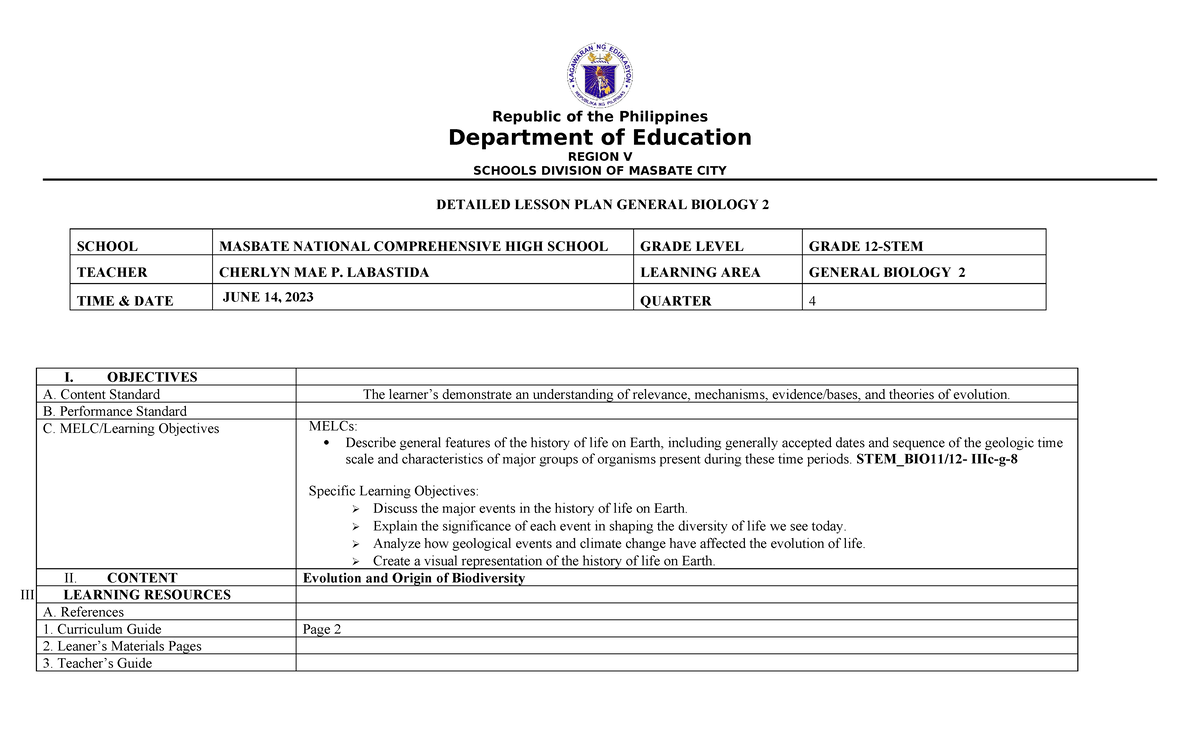 Lesson Plan- SHS - Republic of the Philippines Department of Education ...