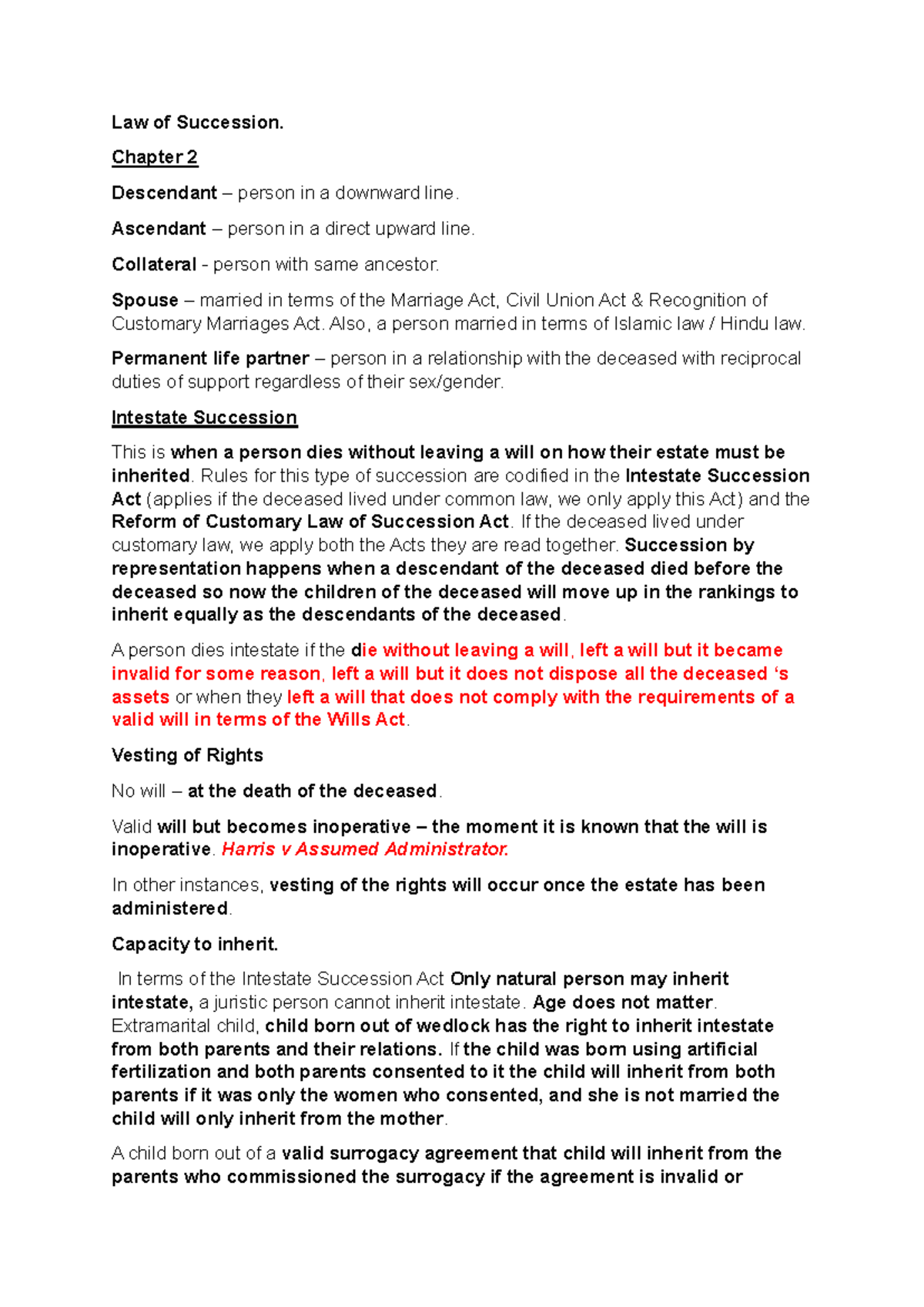 Law of Succession Notes - Law of Succession. Chapter 2 Descendant ...