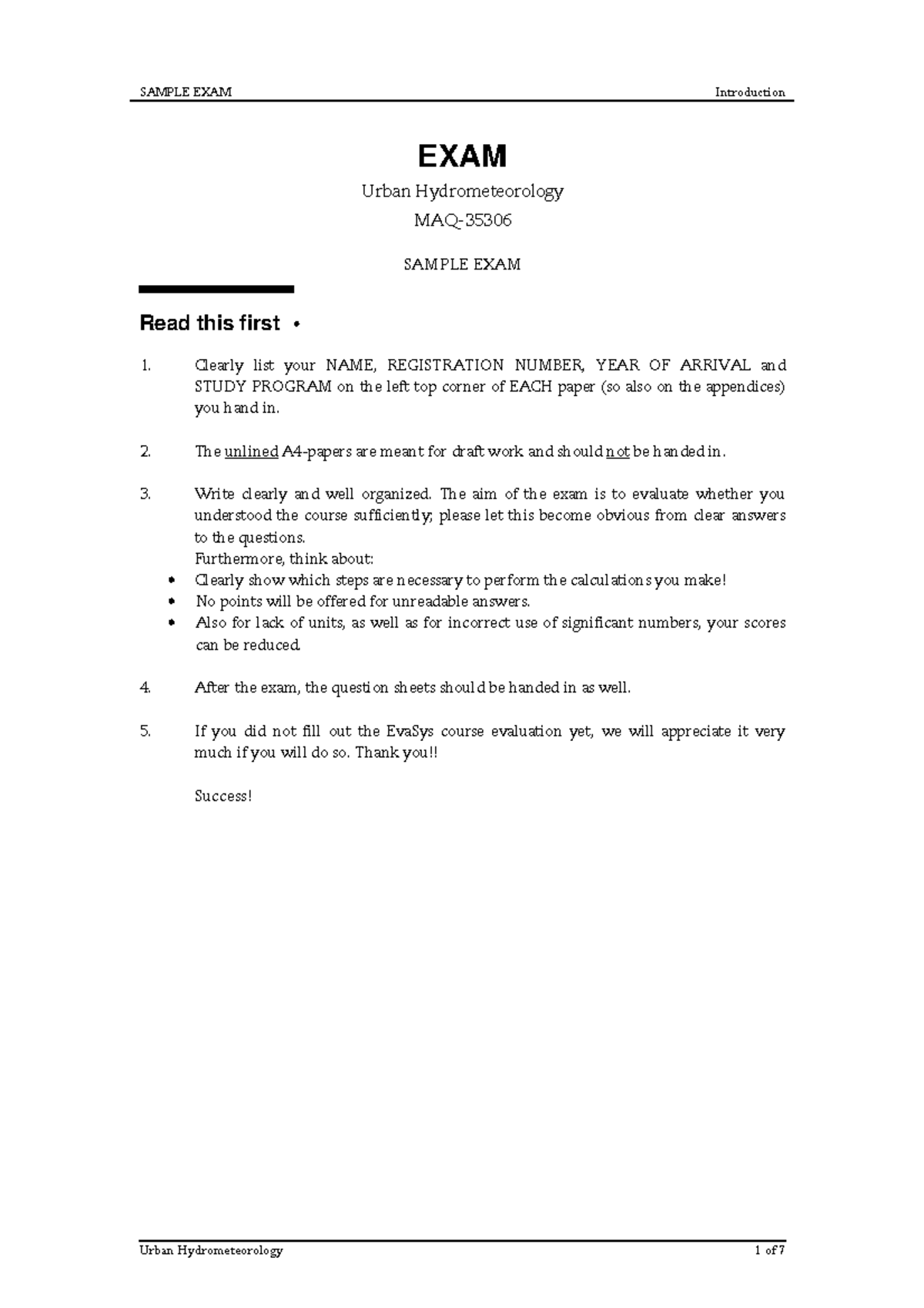 Sample exam answers - SAMPLE EXAM Introduction EXAM Urban ...