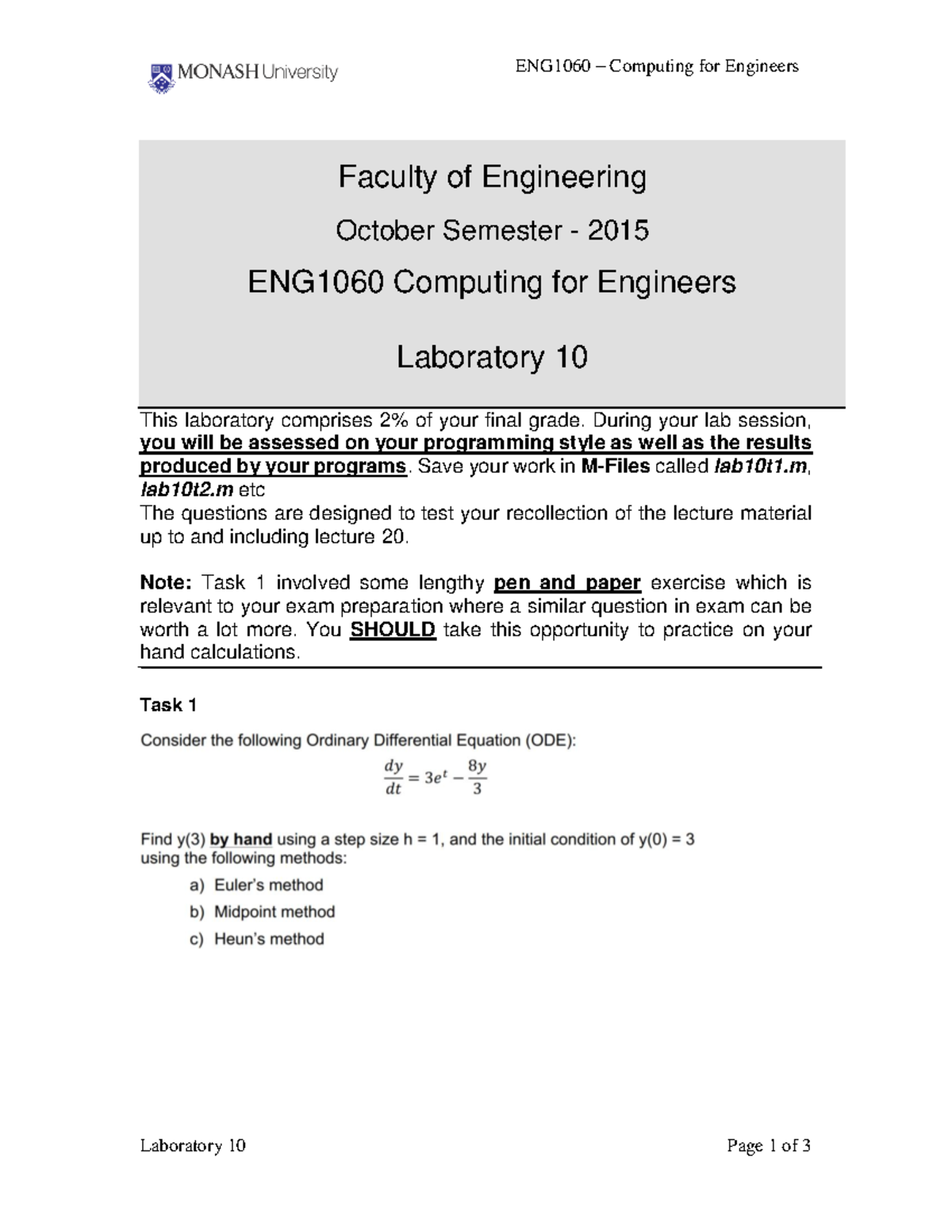 Lab10 - MATLAB Lab 10 - ENG1060 – Computing for Engineers Faculty of Engineering October ...