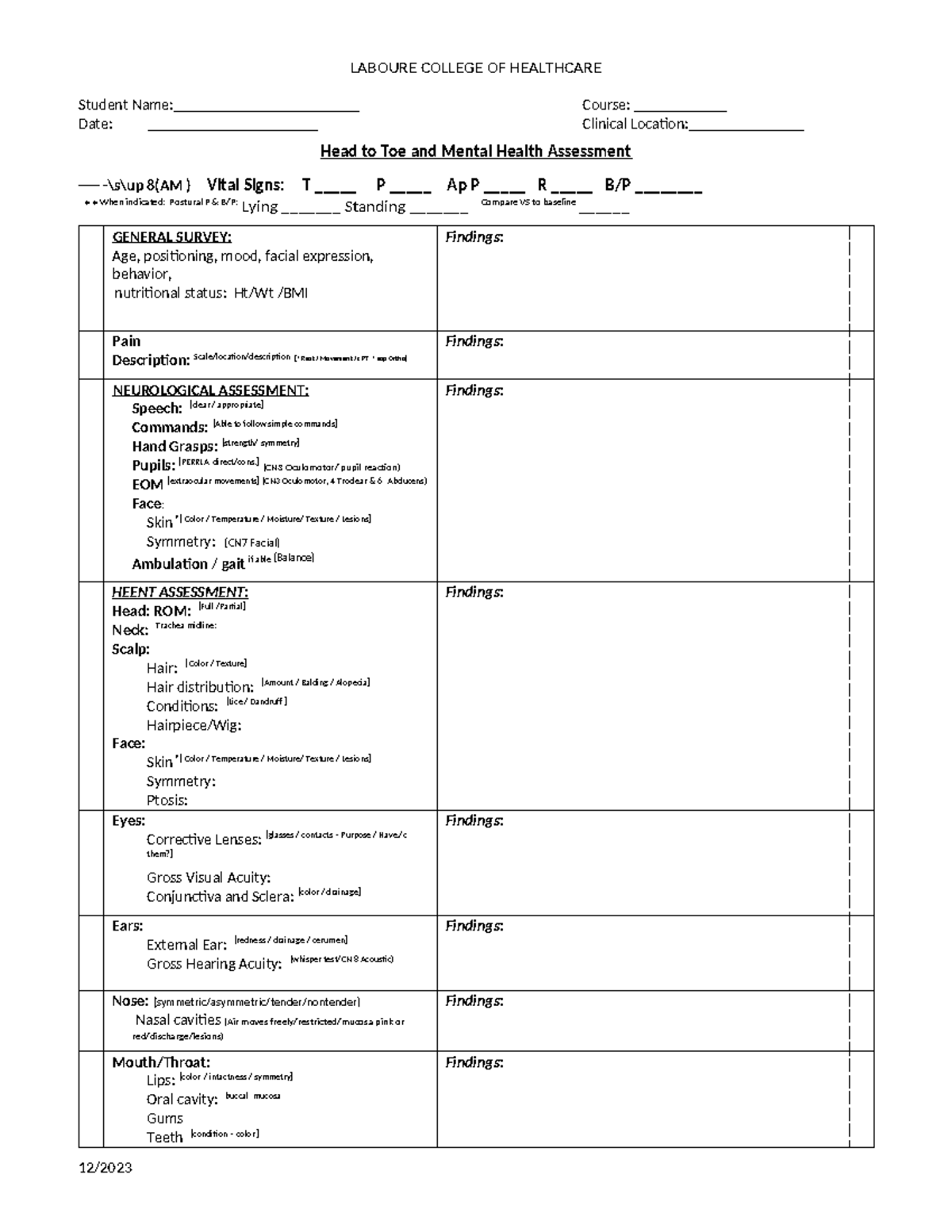 Head to Toe and Mental Health Assessment - LABOURE COLLEGE OF ...