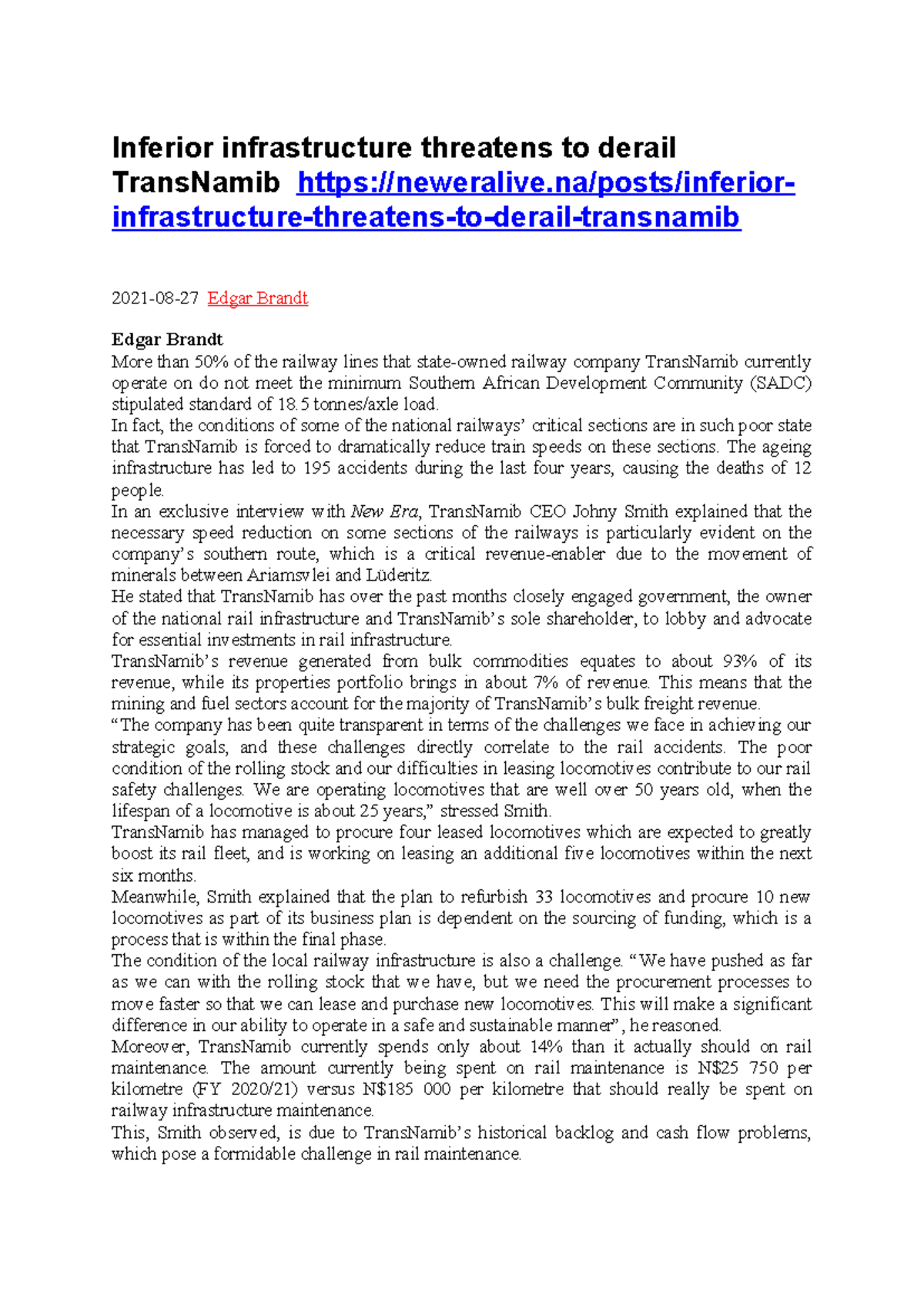 WIL Project downloads Inferior infrastructure threatens to derail Trans Namib https - Inferior ...