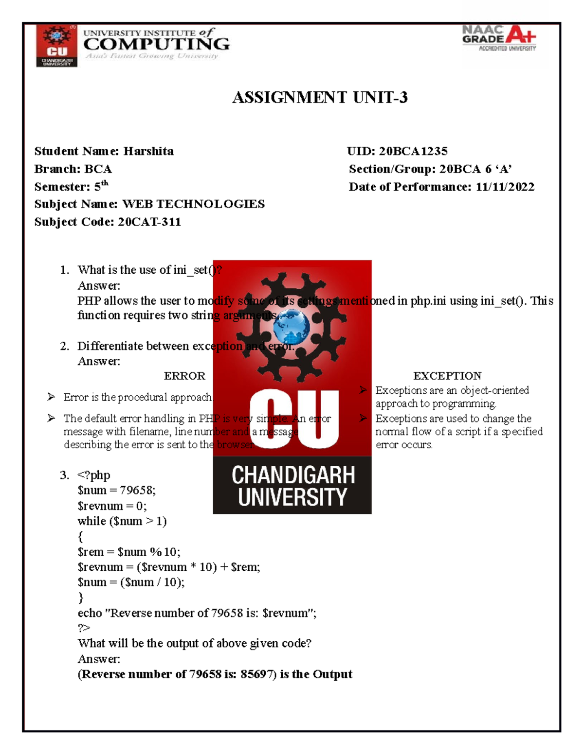 Assignment 3 wt 20bca1235 - ASSIGNMENT UNIT- Student Name: Harshita UID: 20BCA Branch: BCA - Studocu