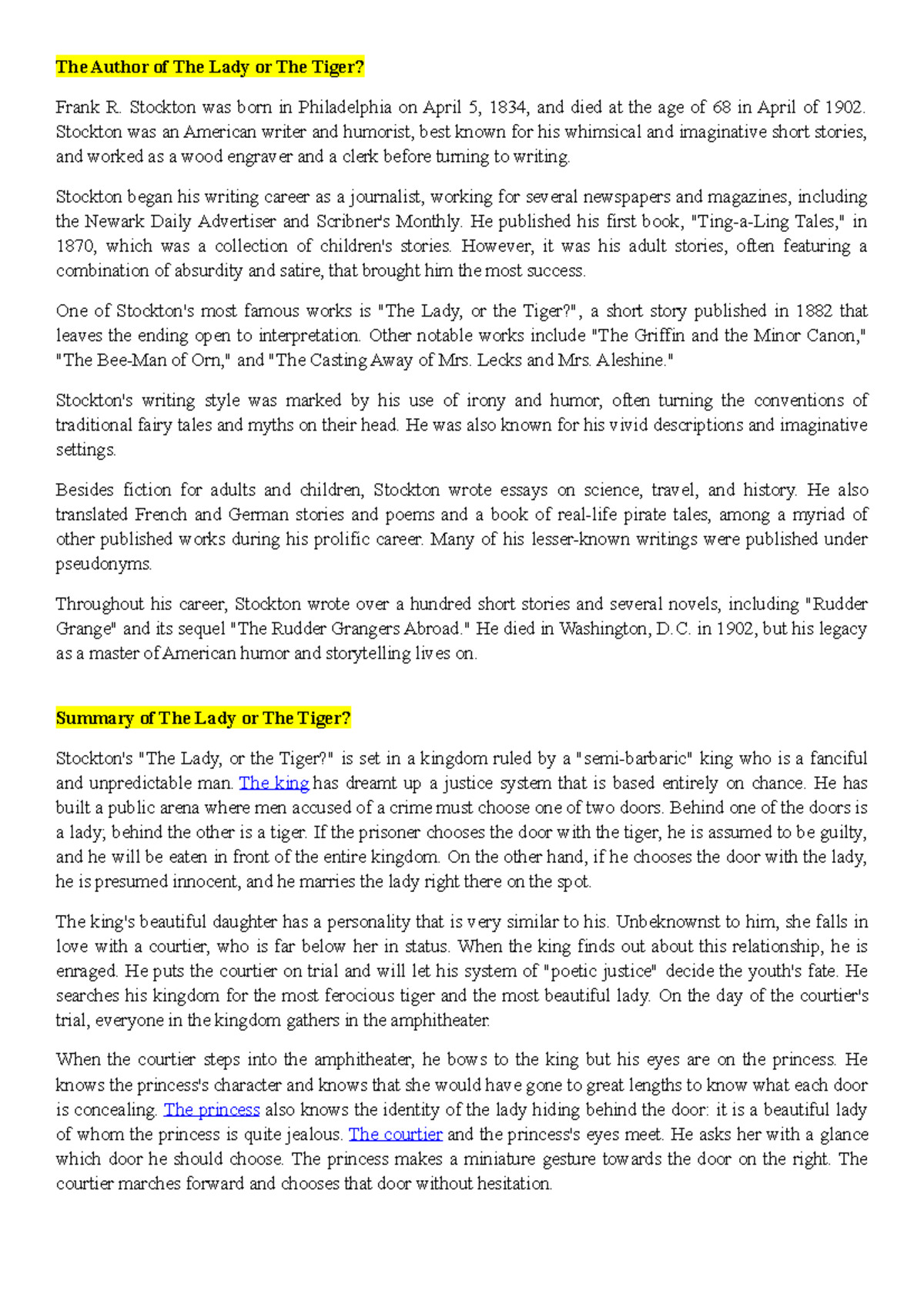 EM 17 Literary Analysis of The Lady or The Tiger by Frank Stockton ...