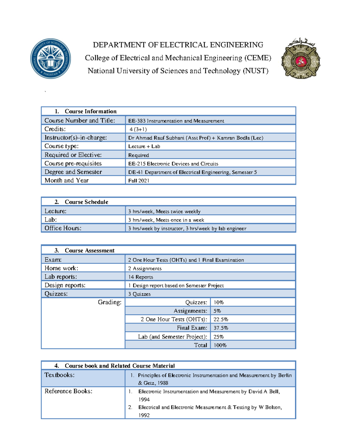 EE383 Instrumentation and Measurement Course Outline - DEPARTMENT OF ...