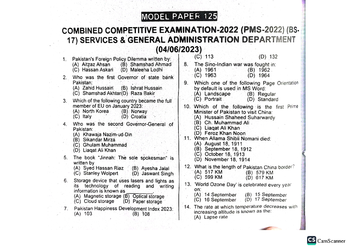 Ppsc past papers 96th edition - Pakistan Studies - Studocu