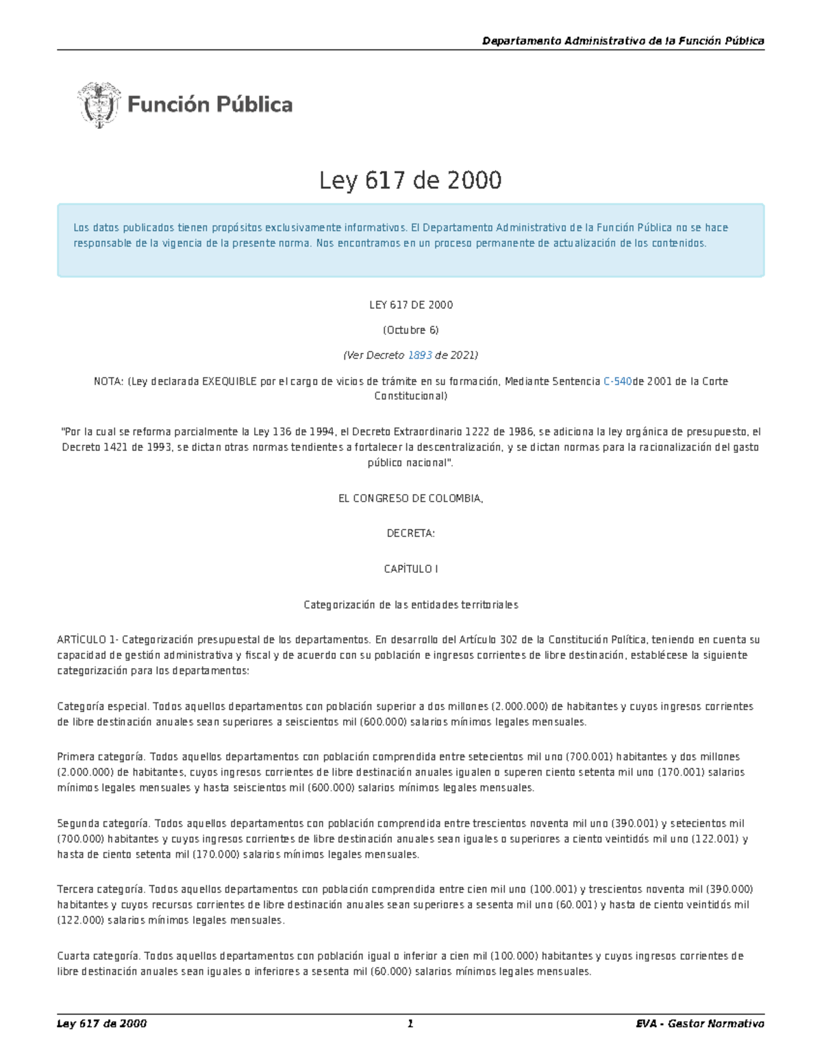 Ley 617 de 2000 - Ley 617 de 2000 Los datos publicados tienen ...