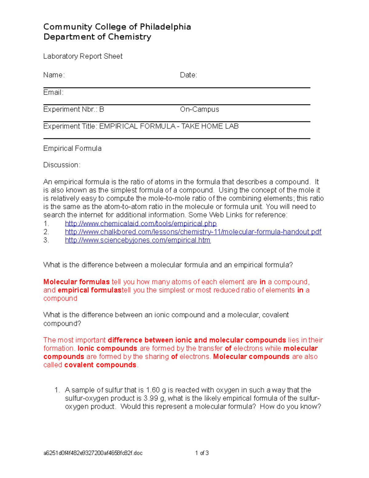 Lab B oncampus Empirical Formula Data only datasheet - Community ...