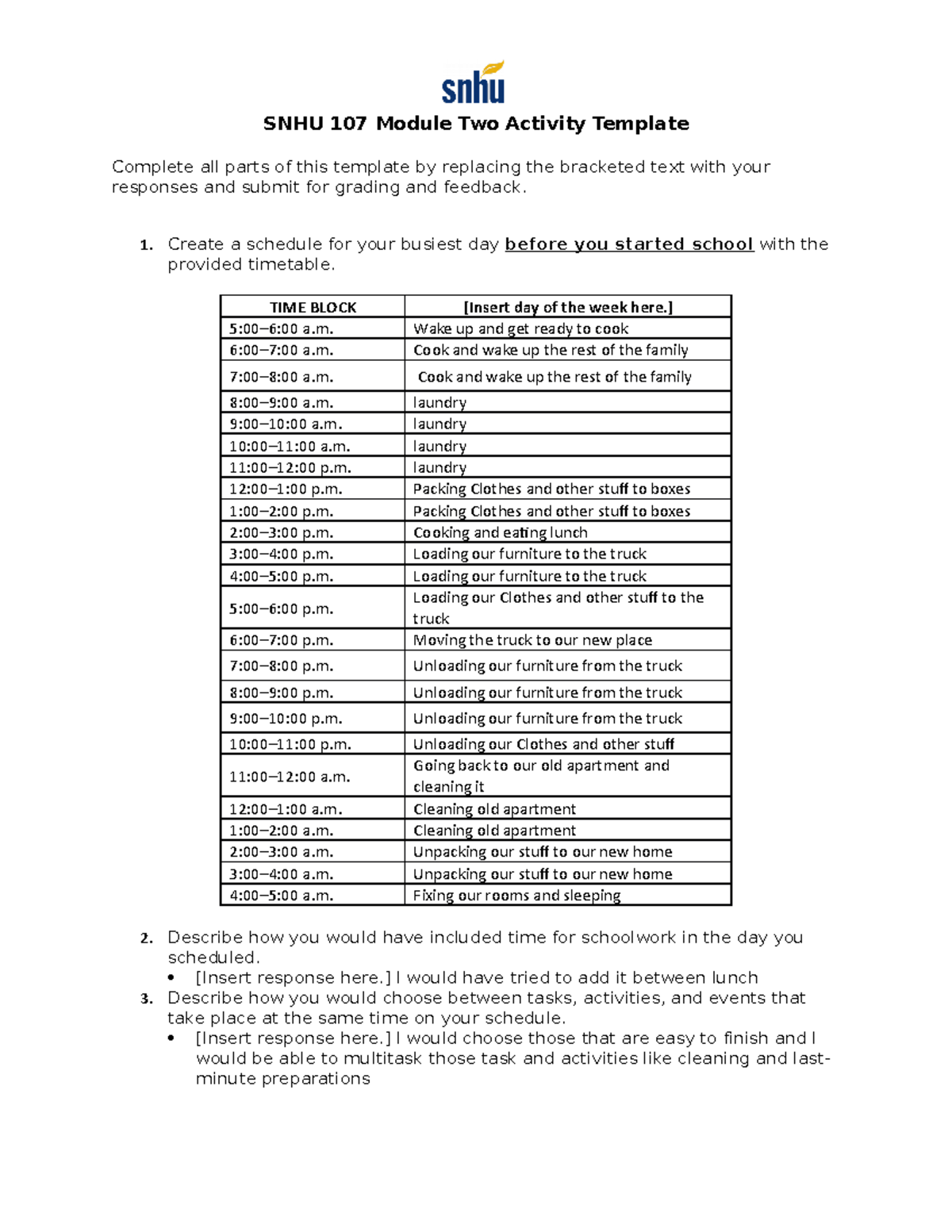 Personal Scheduling (1) - SNHU 107 Module Two Activity Template ...