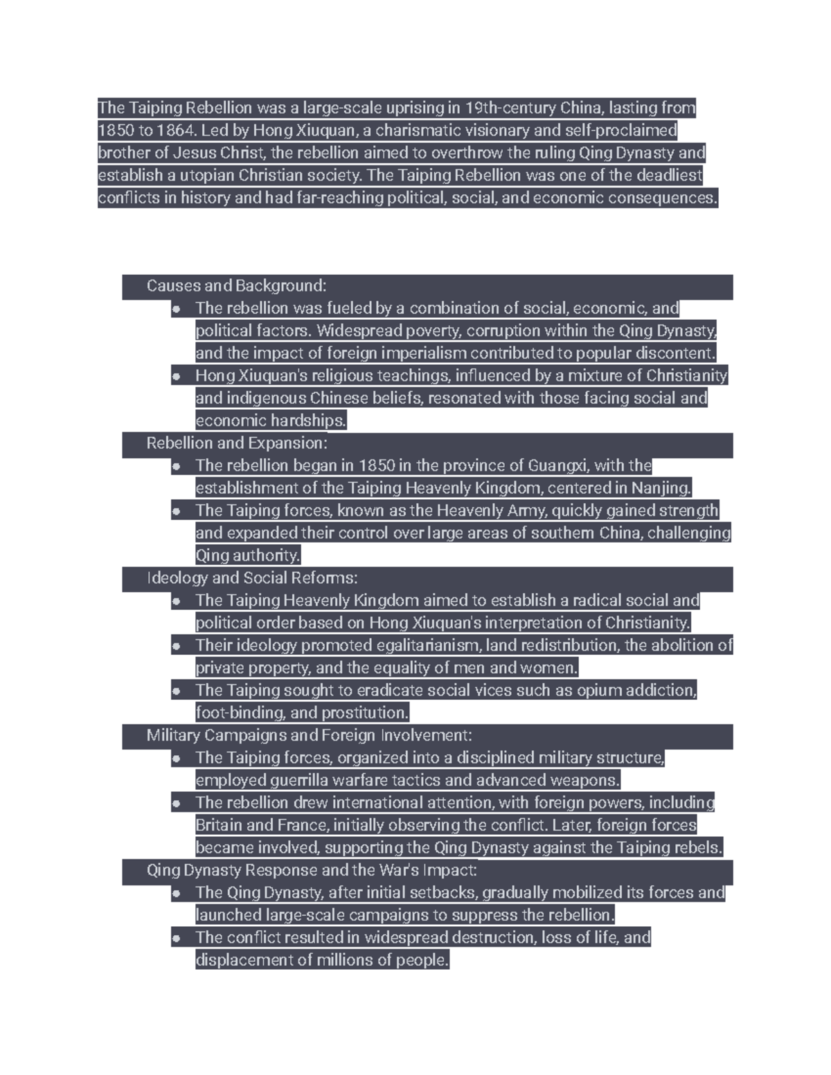 Taiping Rebellion - NOTES - The Taiping Rebellion was a large-scale ...