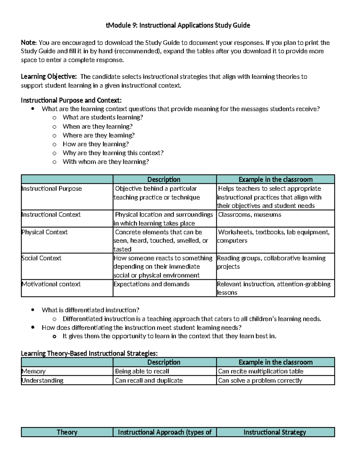 Module 9 - tModule 9: Instructional Applications Study Guide Note: You ...
