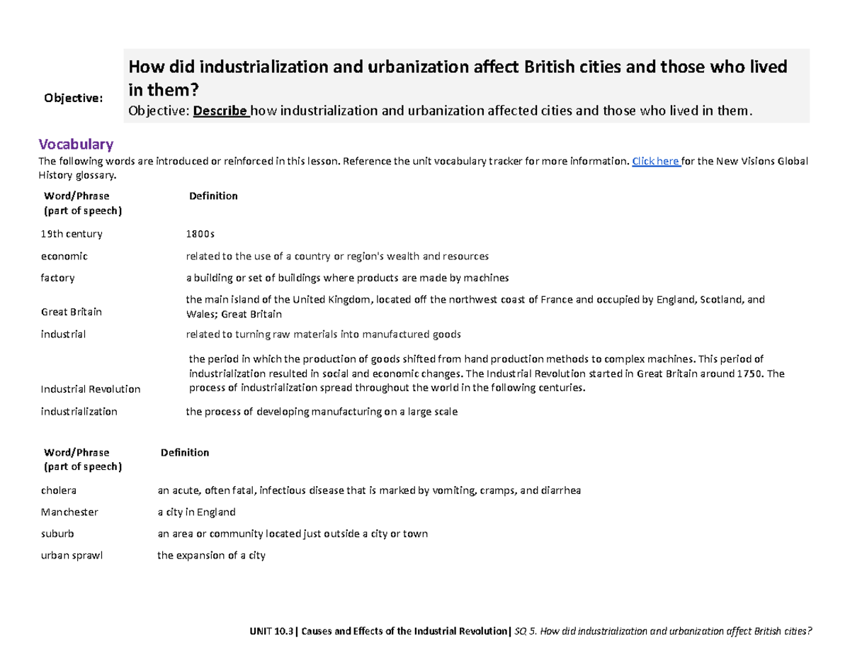 Industrialization and urbanization - Vocabulary The following words are ...