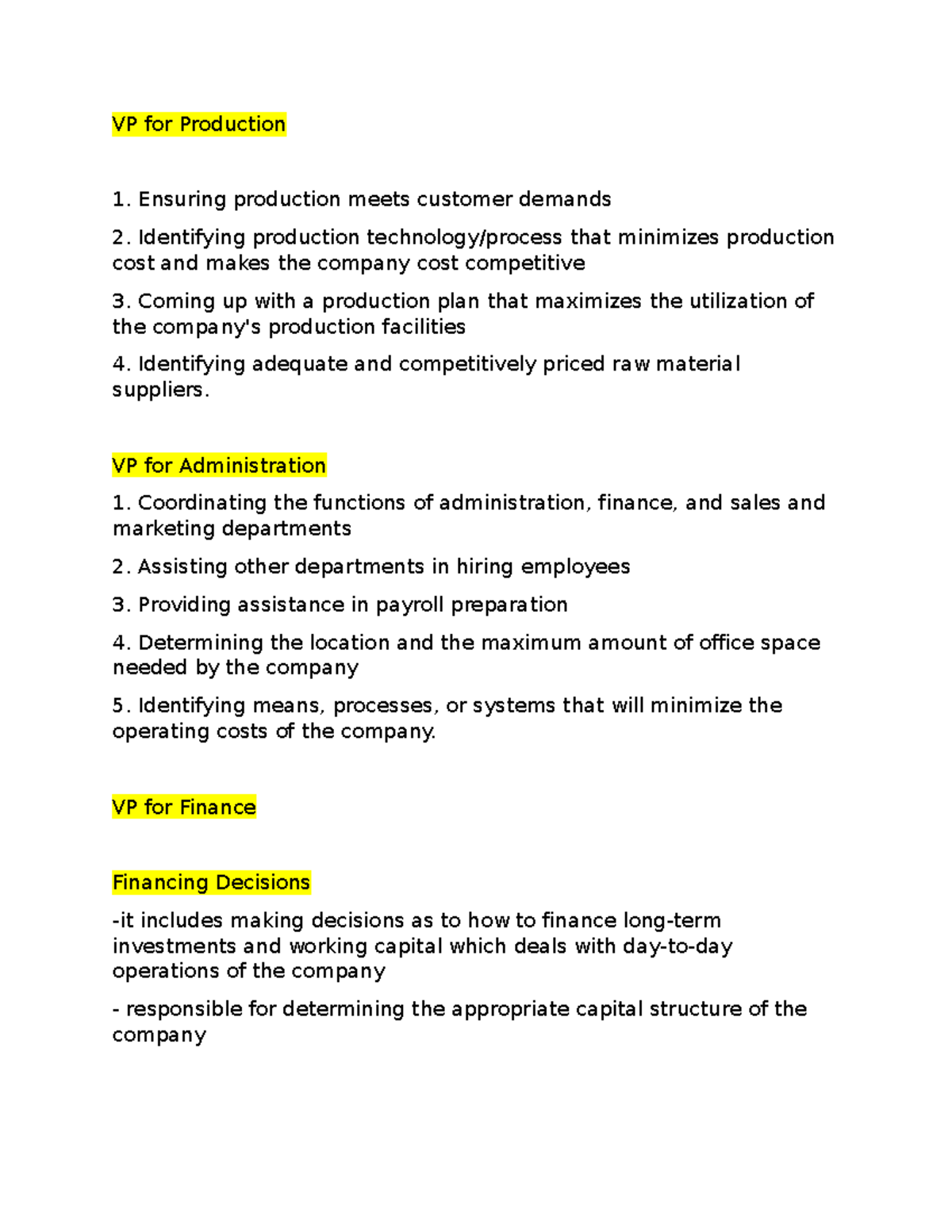 Marketing reviewer 1 - VP for Production Ensuring production meets ...