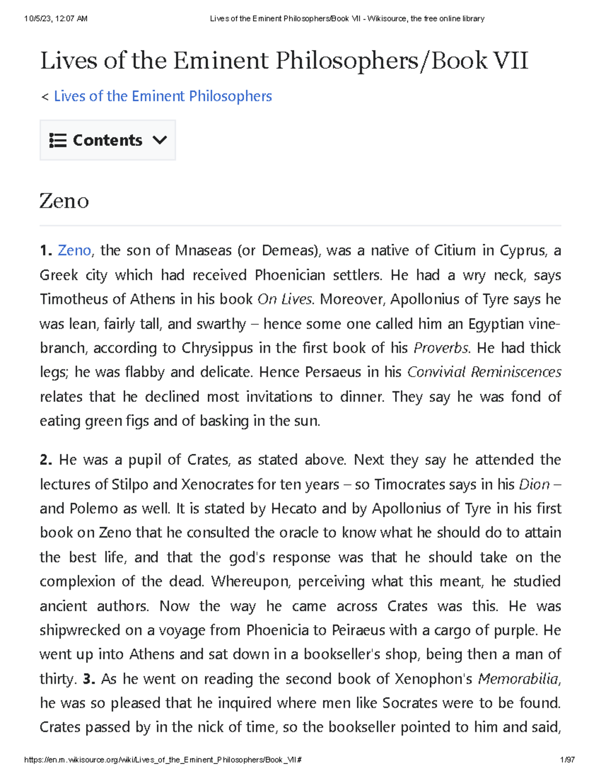 Lives of the Eminent Philosophers Book VII - Wikisource, the free ...