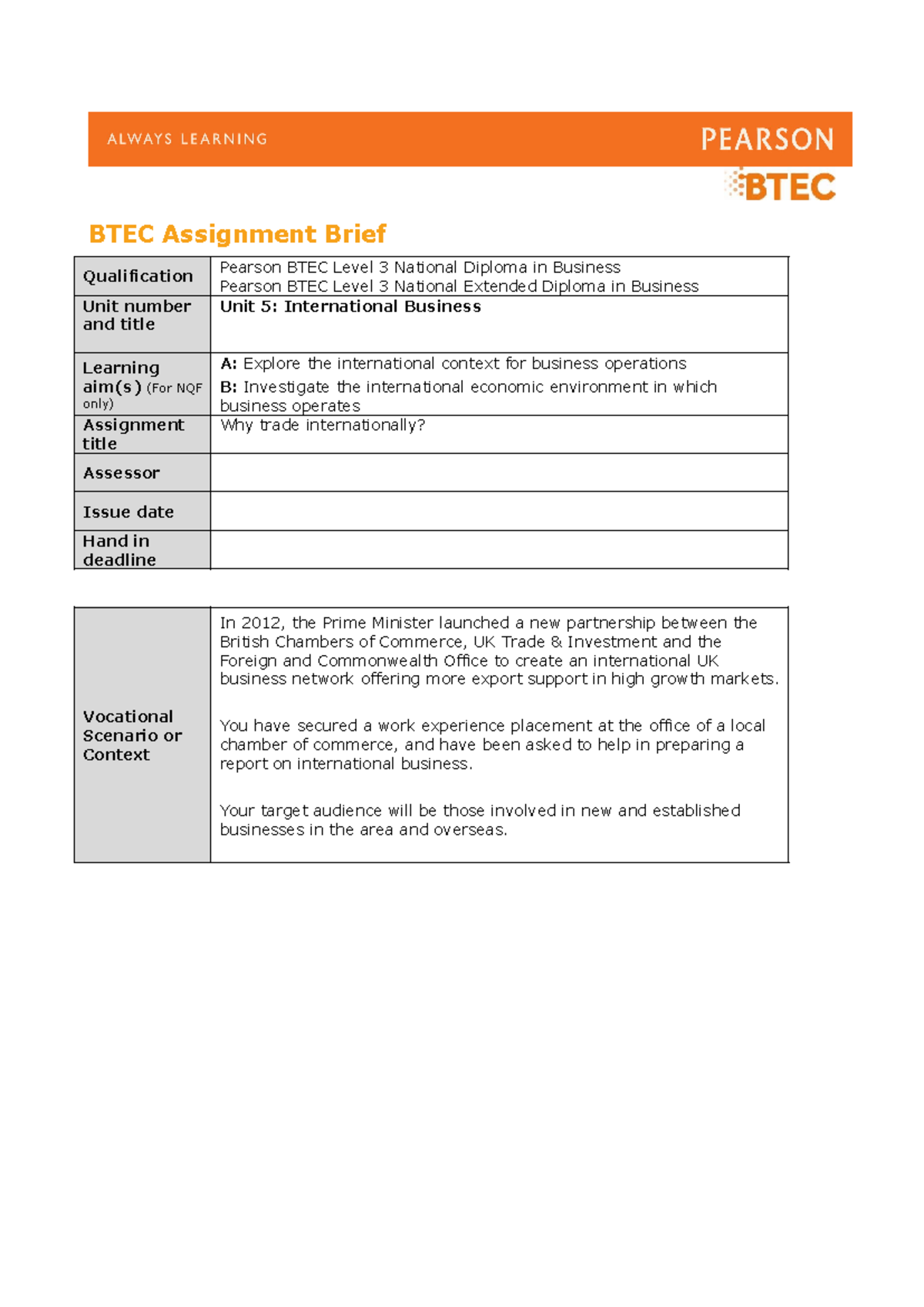 Business Unit 5 Learning Aim A and B - BTEC Assignment Brief ...