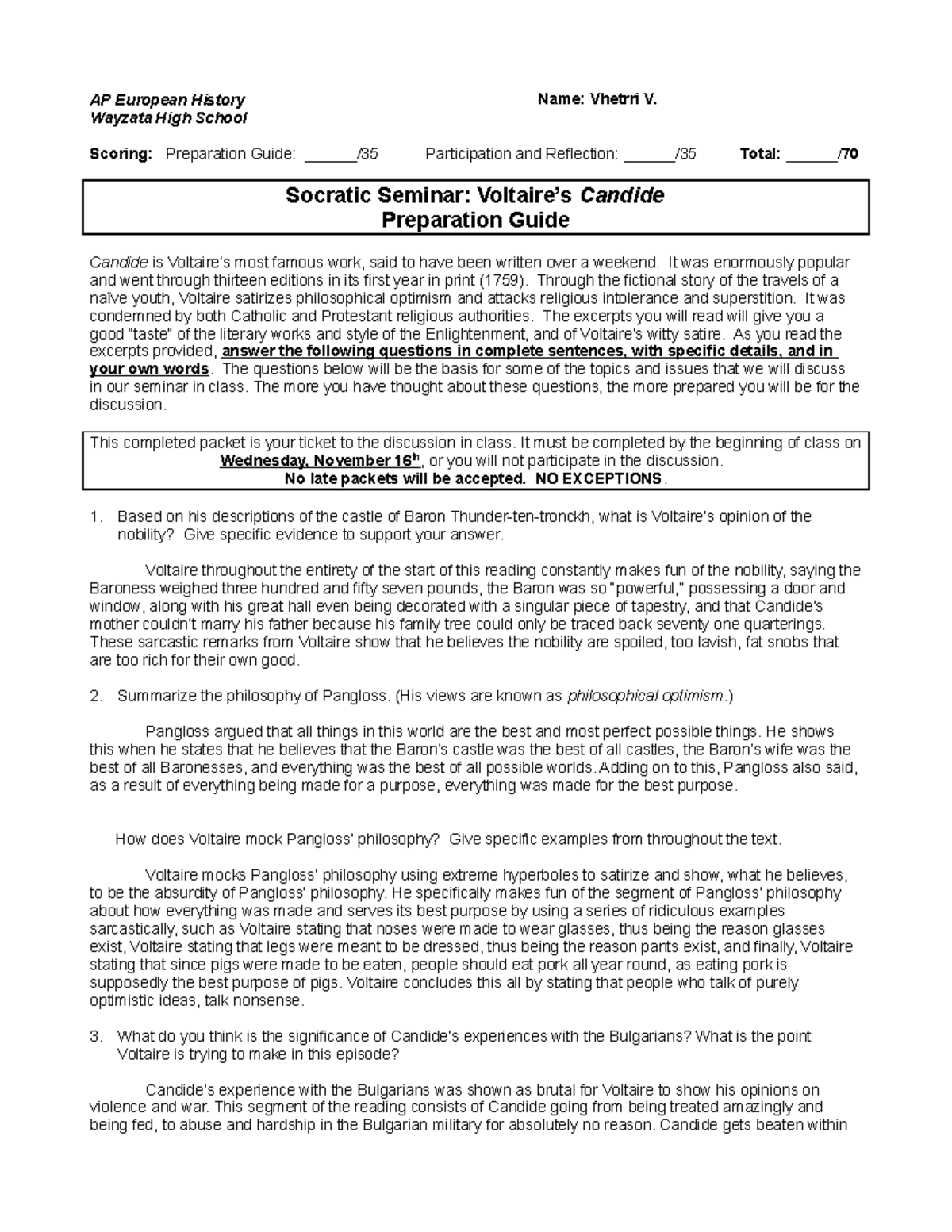 Candide+Seminar - Homework - AP European History Name: Vhetrri V ...