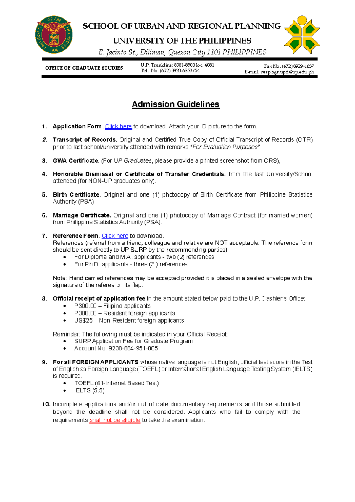 Admission-Guidelines Masters degree UP Diliman - SCHOOL OF URBAN AND REGIONAL PLANNING ...