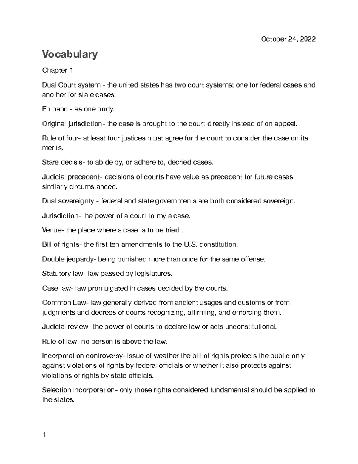 ADJ-2 Vocabulary 1 - October 24, 2022 Vocabulary Chapter 1 Dual Court ...