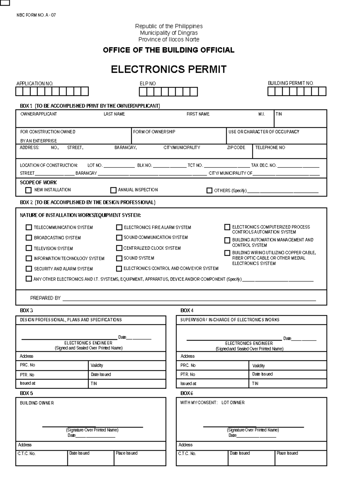 Electronics Permit (front) - NBC FORM NO. A - 07 Republic of the ...
