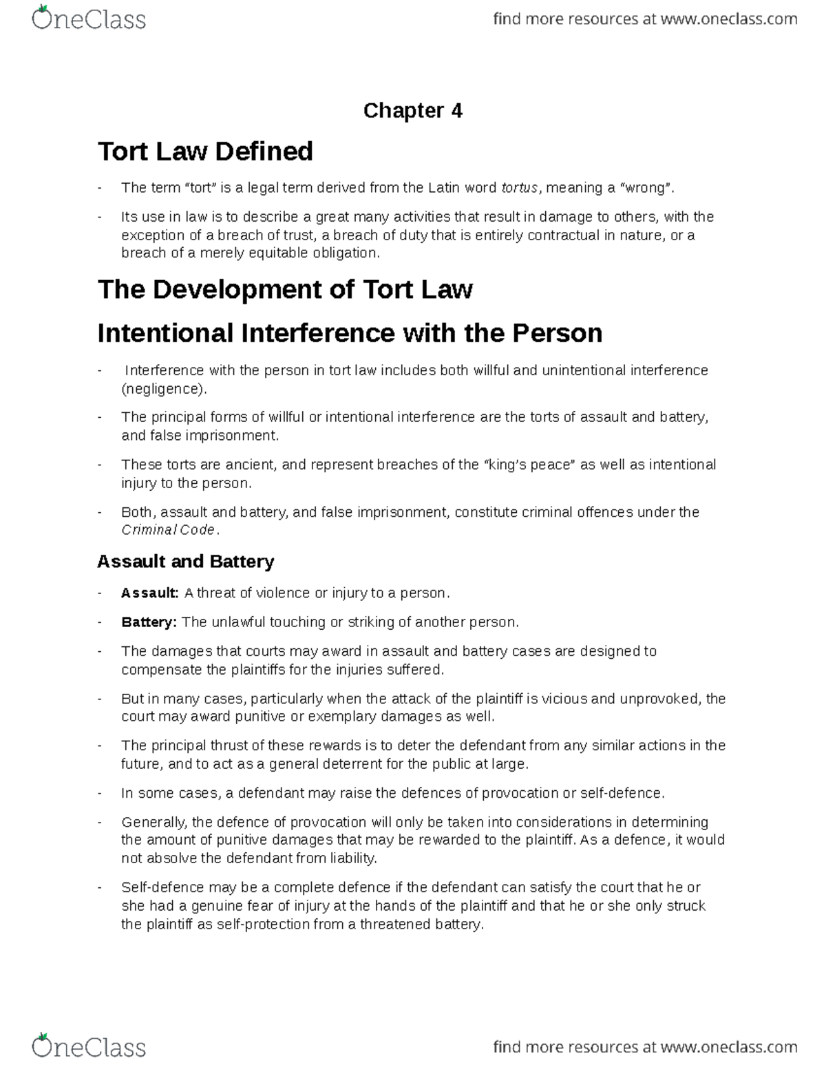 Adms 2610 chapter 4 notes - Chapter 4 Tort Law Defined The term is a ...