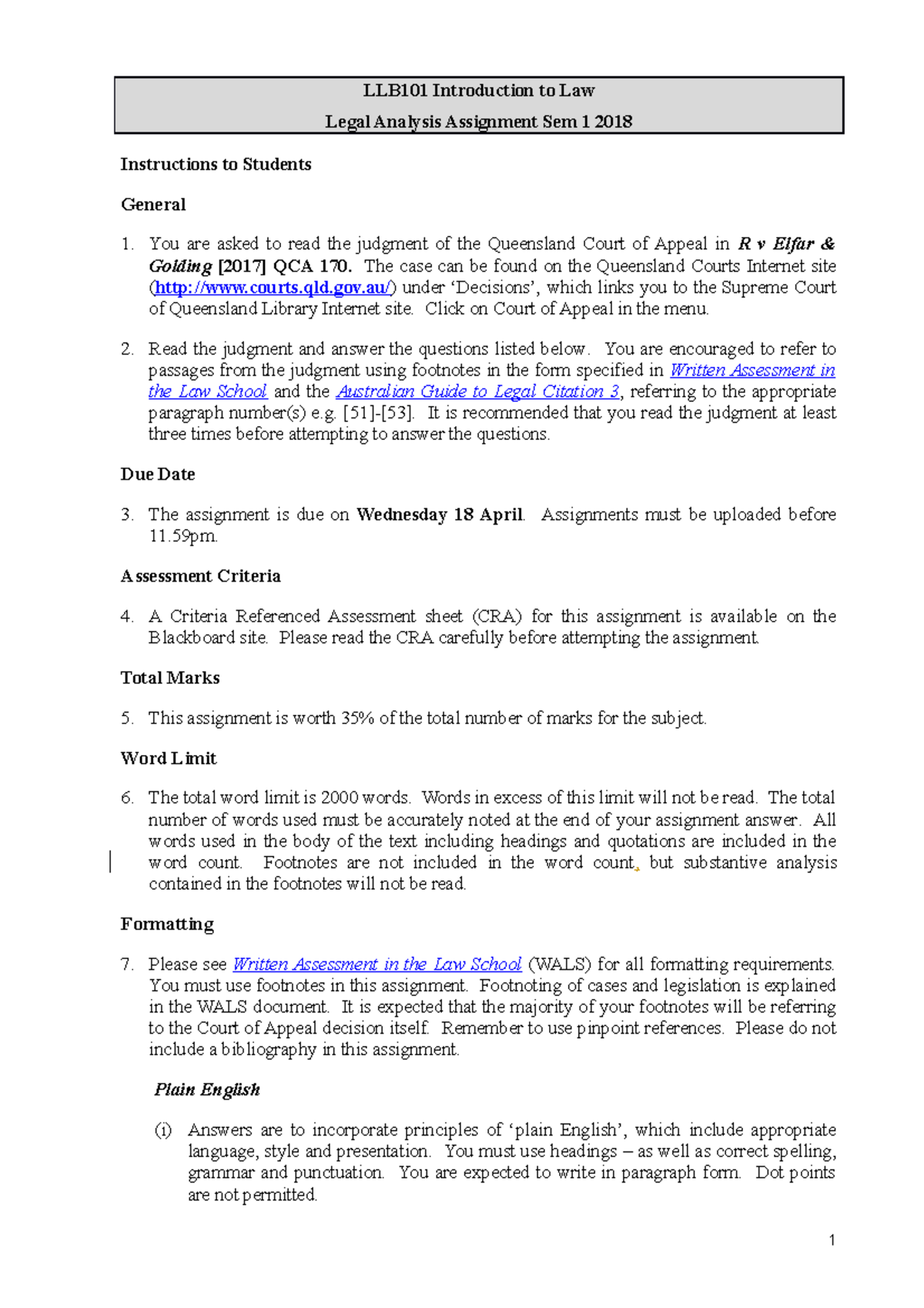 Case study criteria sheet. - LLB101 Introduction to Law Legal Analysis ...