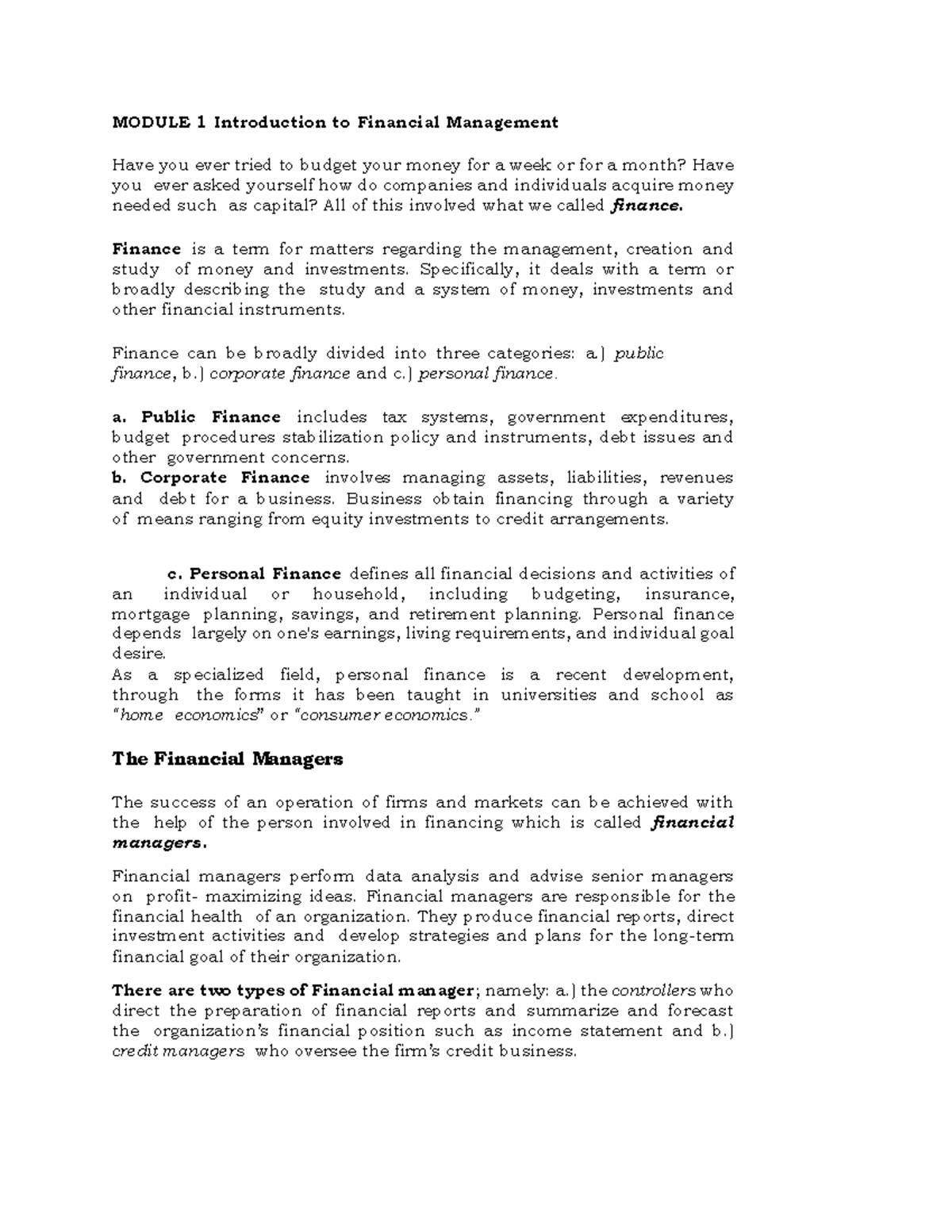 Reviewer - MODULE 1 Introduction to Financial Management Have you ever ...