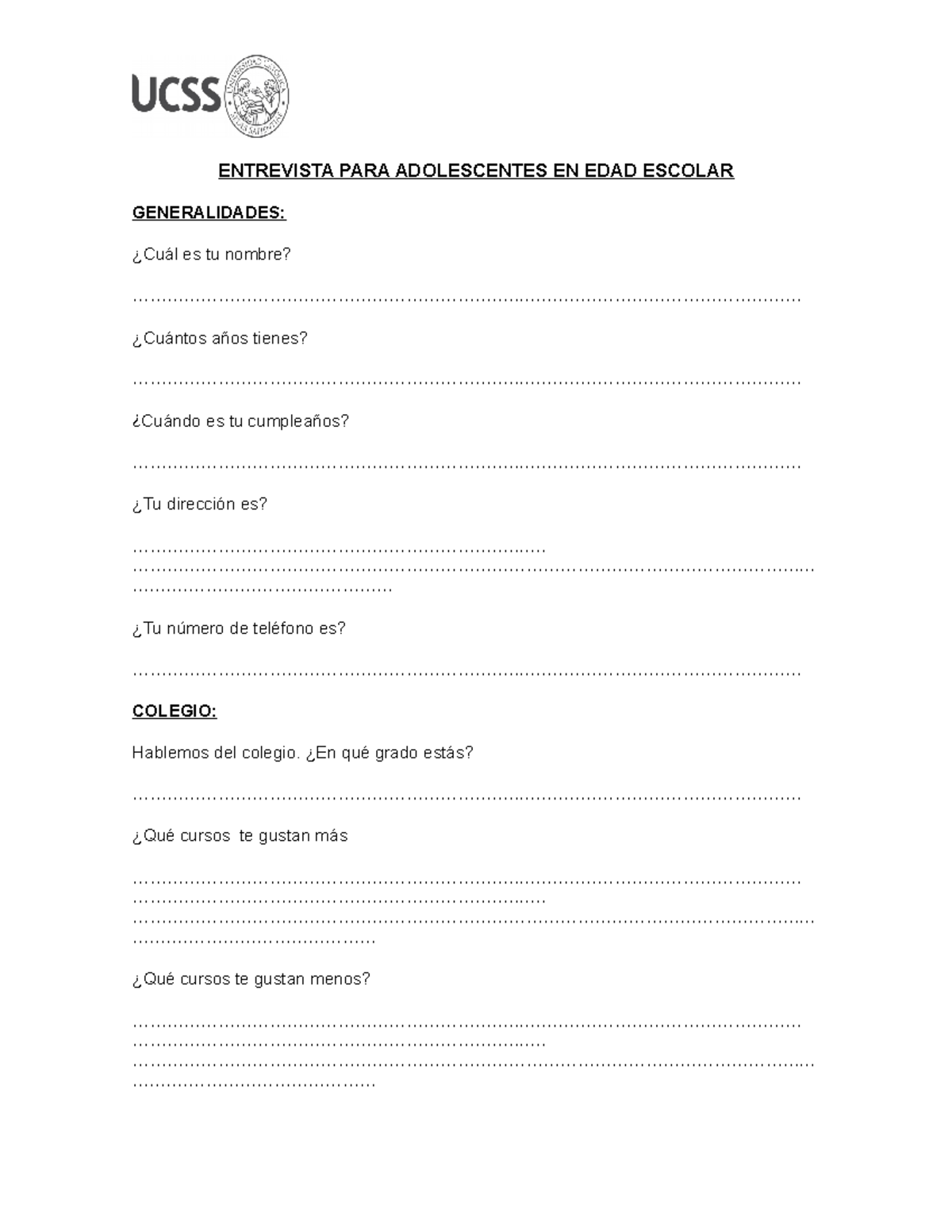 Entrevista para adolescentes en edad escolar - ENTREVISTA PARA ...
