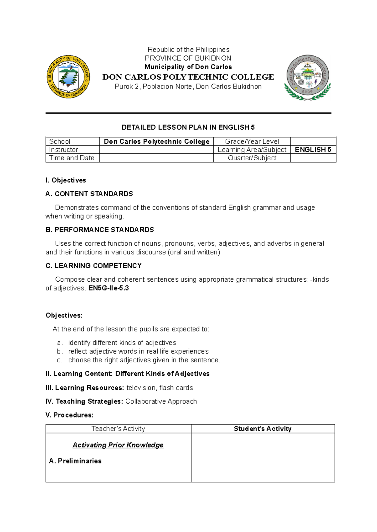 DLP ENG 5 - A detailed lesson plan of English 5 - Republic of the ...