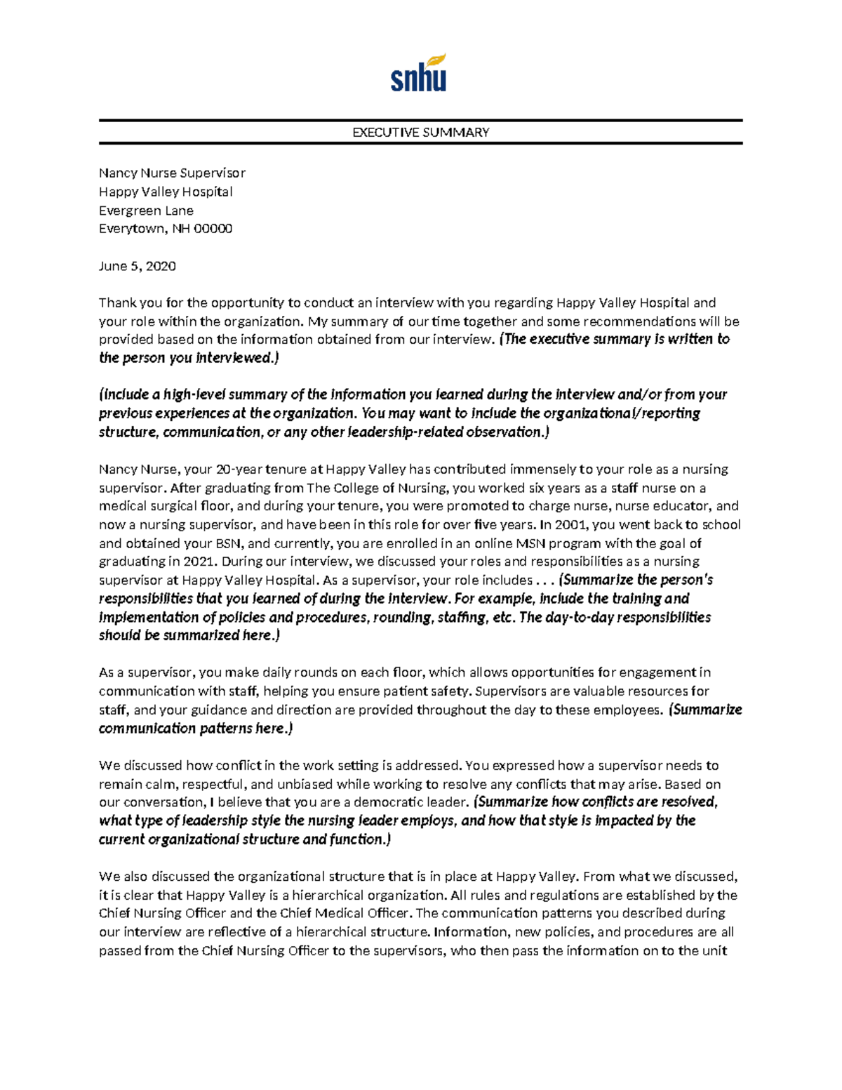 NUR 400 Executive Summary Example - EXECUTIVE SUMMARY Nancy Nurse ...