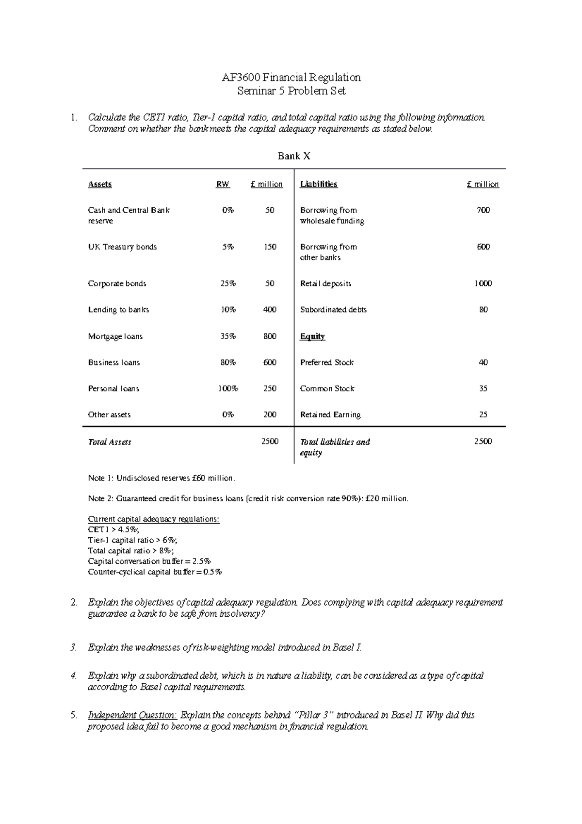 AF3600 Seminar 5 Questions - AF3600 Financial Regulation Seminar 5 ...