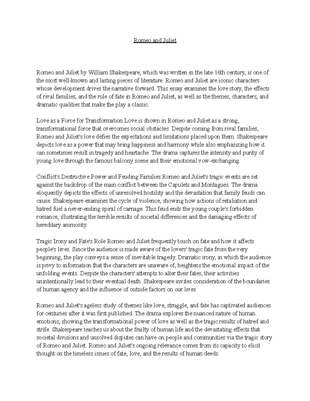 Romeo Juliet essay - Romeo and Juliet Romeo and Juliet by William ...