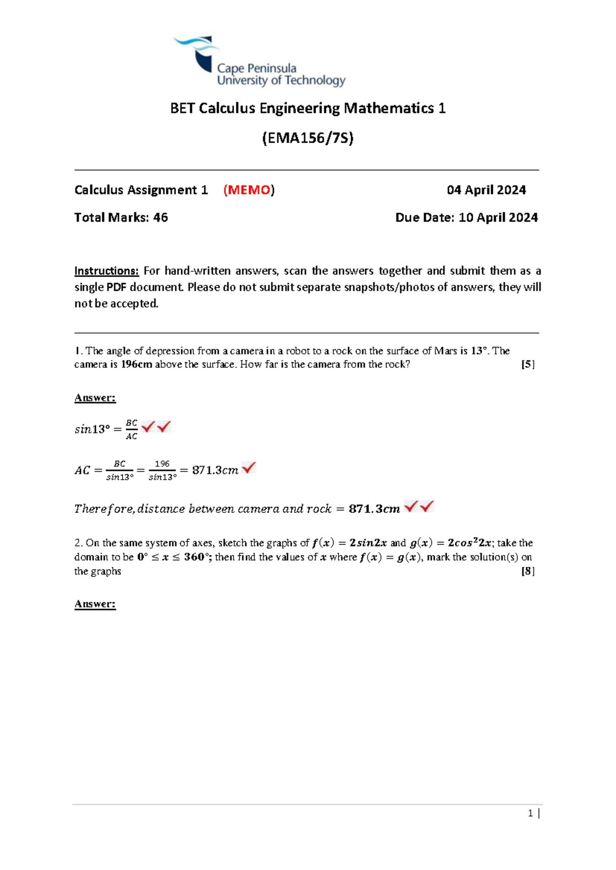EMA156 7S 2024 Calculus assignment 1 memo - BET Calculus Engineering Mathematics 1 (EMA156/ 7 S ...