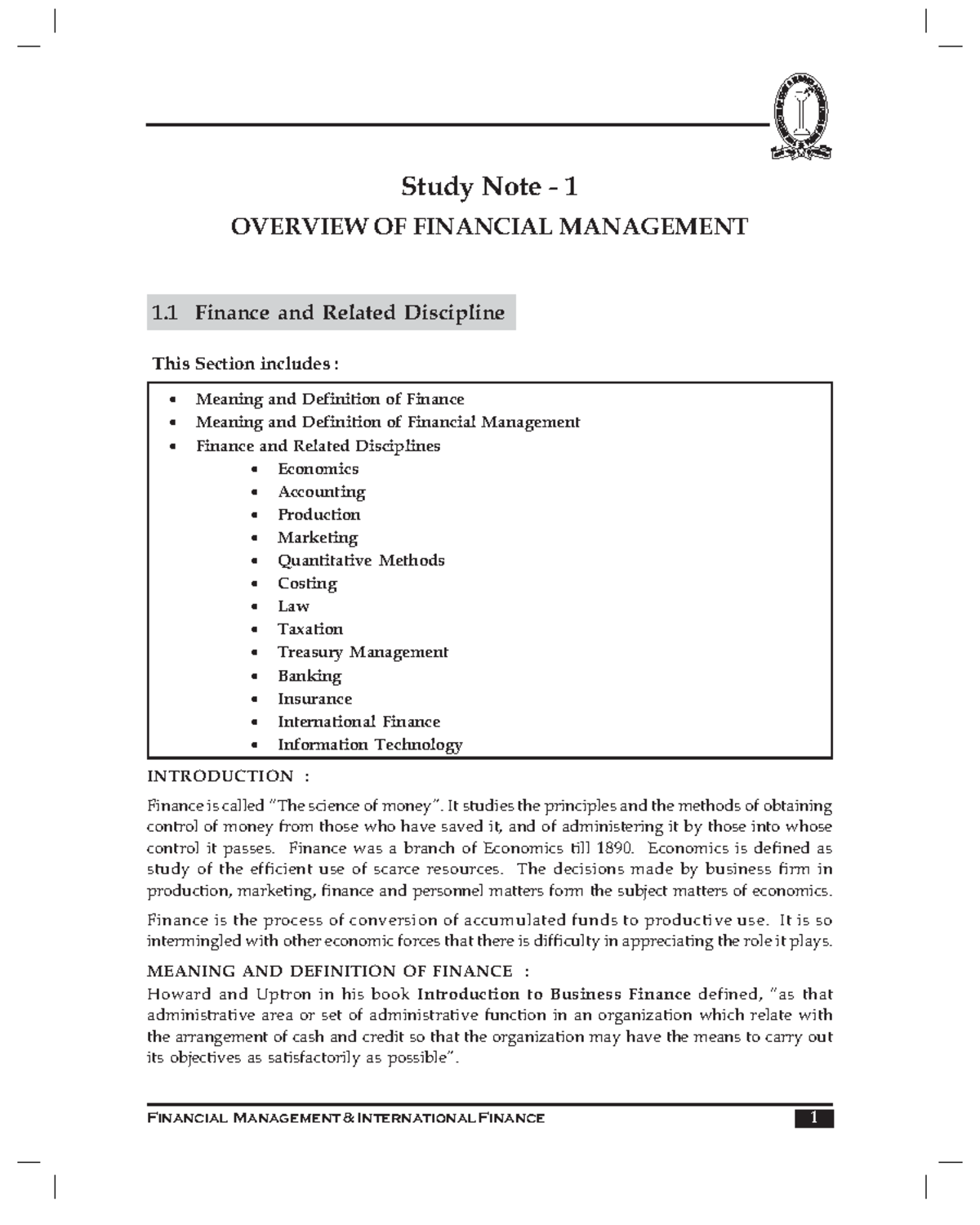 Financial Management study note 1 - Study Note - 1 OVERVIEW OF ...